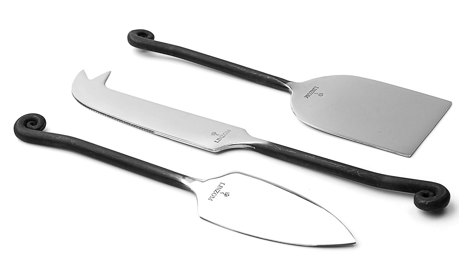 LINZOM Cheese Knife Set, 18/10 Stainless Steel, Hand Forged, Rustic Black, Curled Edge, Set of 3