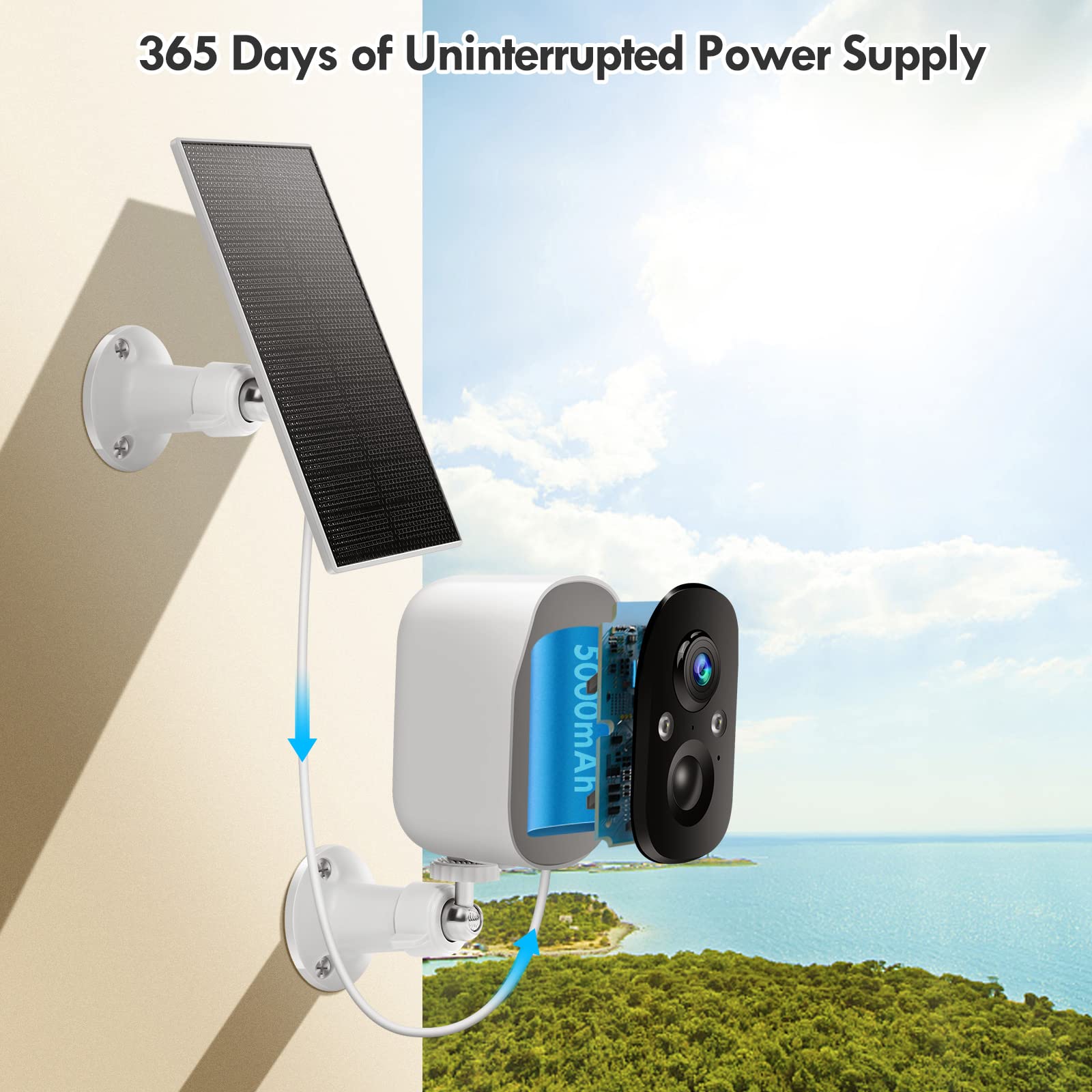 Viseefocu Solar Security Cameras Wireless Outdoor for Home Security, Two Spotlights and 1080P Color Night Vision Battery Powered Camera with 2.4GHz WiFi,PIR,Two-Way Talk,IP66 Waterproof(Black+White