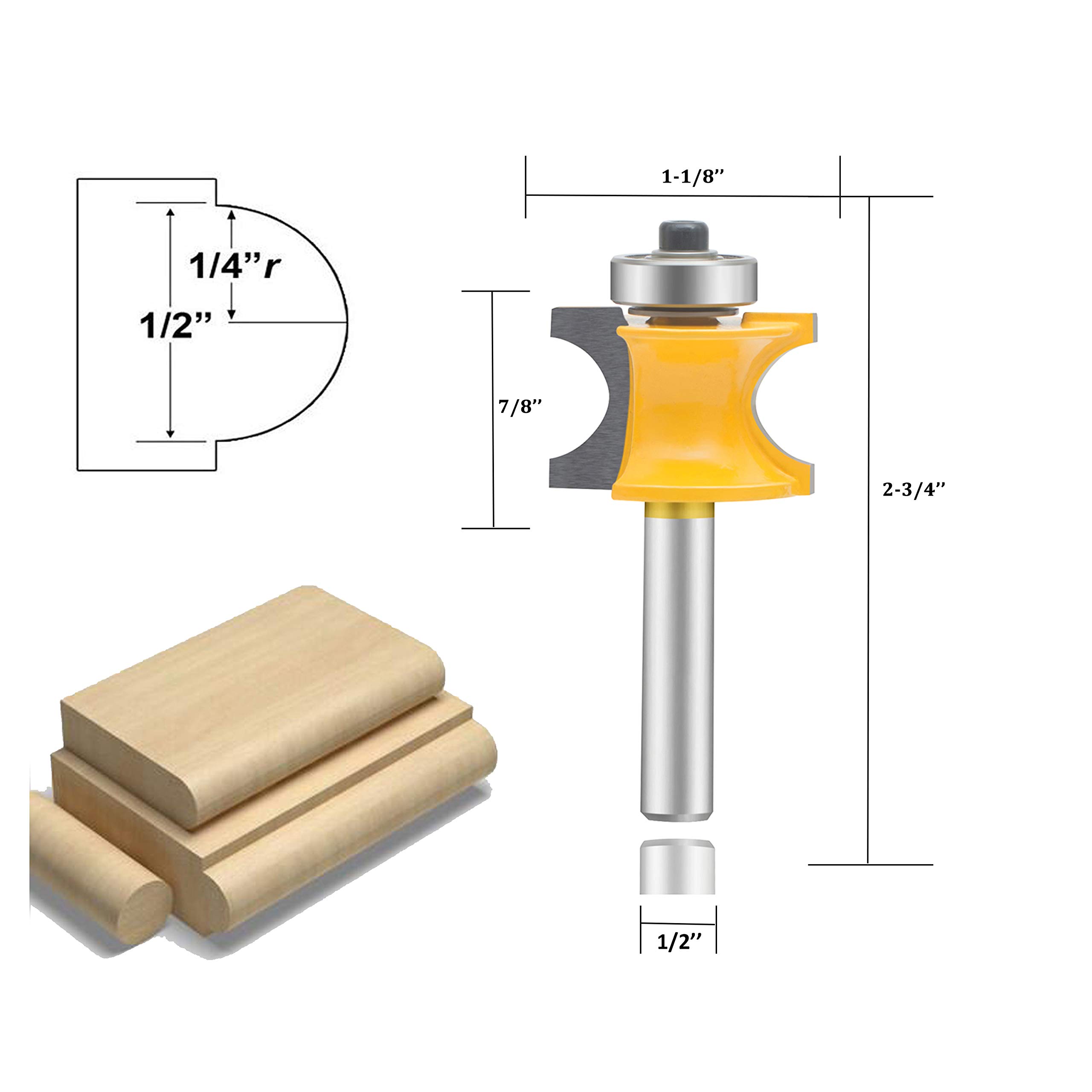 LEATBUY 1/2 Inch Shank Bullnose Router Bit 5PCS,Half Round Bearing Carbide Tipped Edge Cutting Bits, Radius 1/8" 3/16" 1/4" 5/16" 3/8", Woodworking Milling Cutter (YL05)