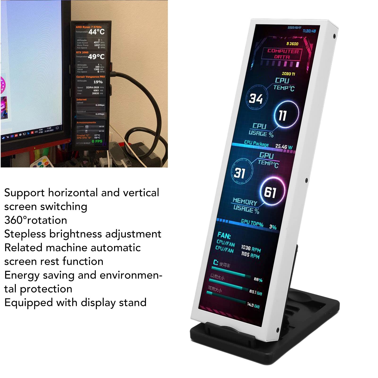 VINGVO Computer Temperature Monitor, PC Sensor Panel Display 8.8 Inch IPS HD Multimedia Interface Input for Gaming