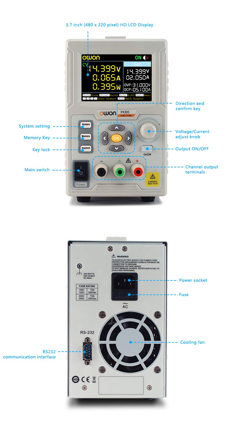 LILLIPUT OWON P4305 Single Channel 150W Maximum Output 0-30V / 0-5A Output 1mV/1mA Linear DC Power Supply