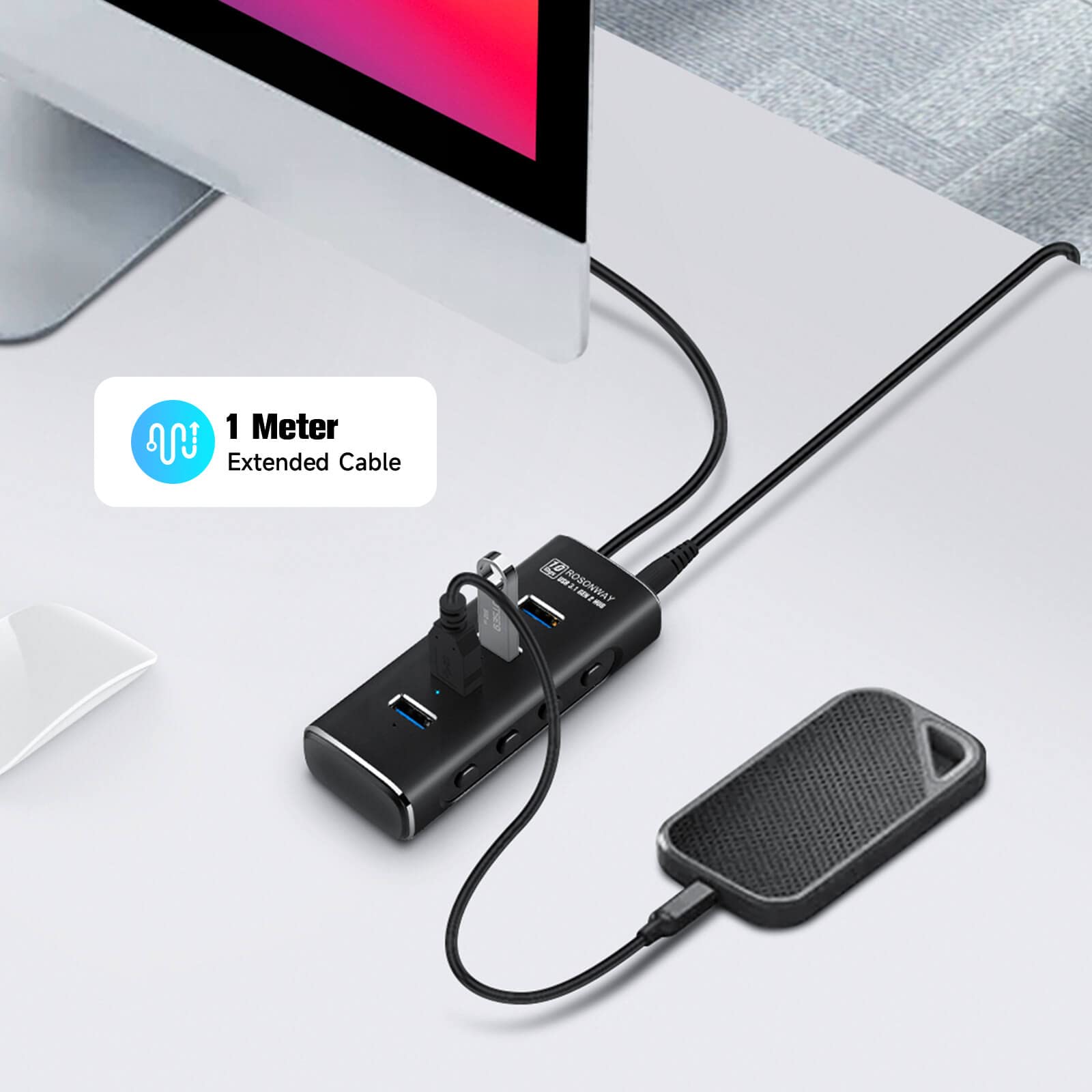 Rosonway 5 in 1 USB C Hub with 3 USB 3.2 10Gbps Data Ports, SD/TF Card Readers, 2ft Cable and Individual Switches, for PC, Laptops, M1 Mac Mini, iMac, MacBook Pro/Air, RSH-A104D