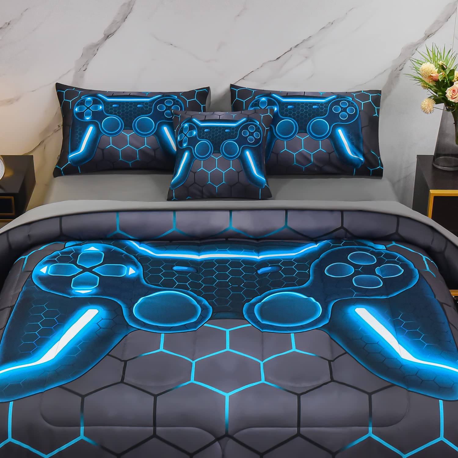 Keyroal 6Pcs Game Console Comforter Set with Sheets for Boys Girls Kids Teens, Geometric Gaming Themed Bed in A Bag Full Size, Blue 3D Video Gamer Controller Bedroom Decor Bedding Set
