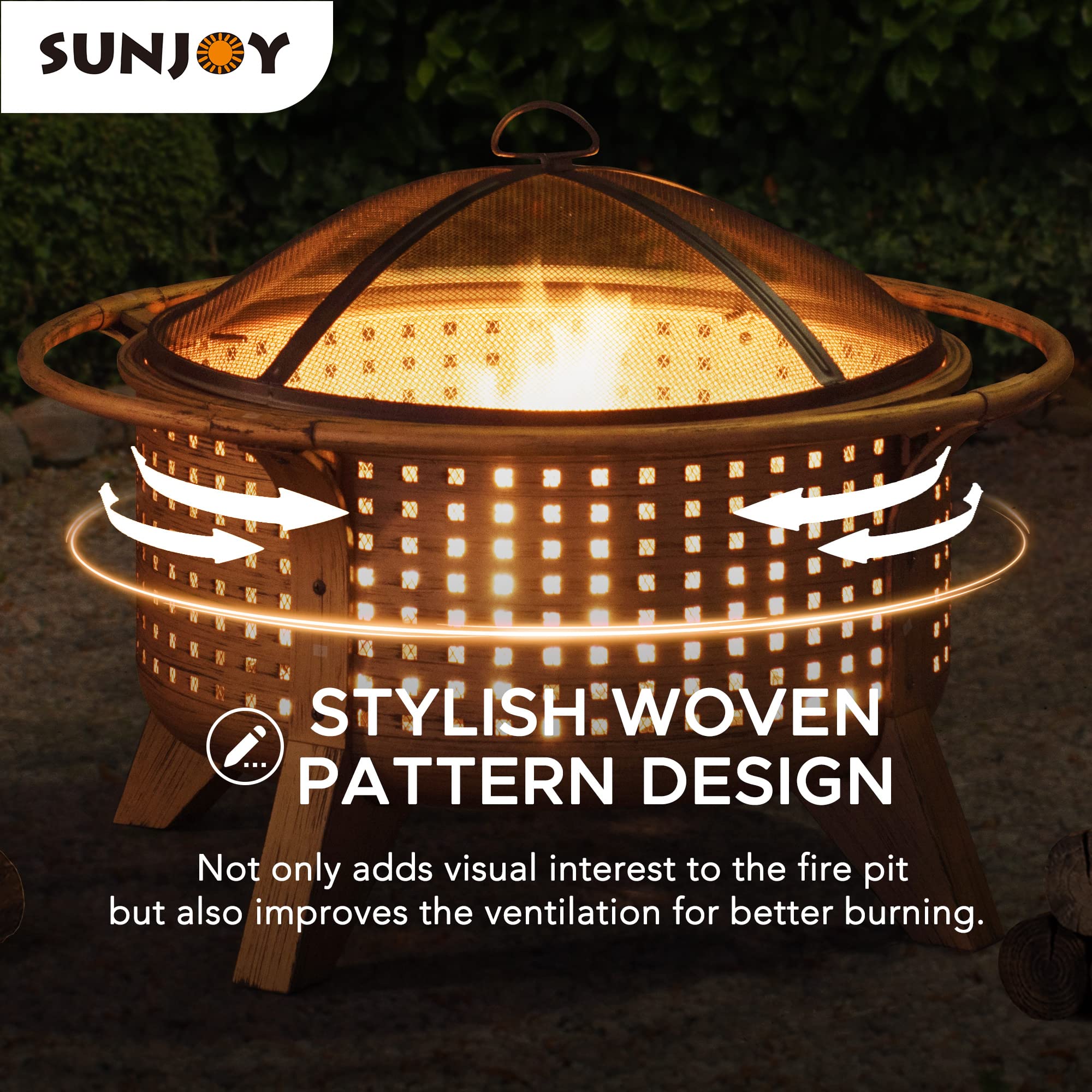Sunjoy Fire Pit 30 in. Outdoor Wood-Burning Fire Pit, Patio Woven Round Steel Firepit Large Fire Pits for Outside with Spark Screen and Poker