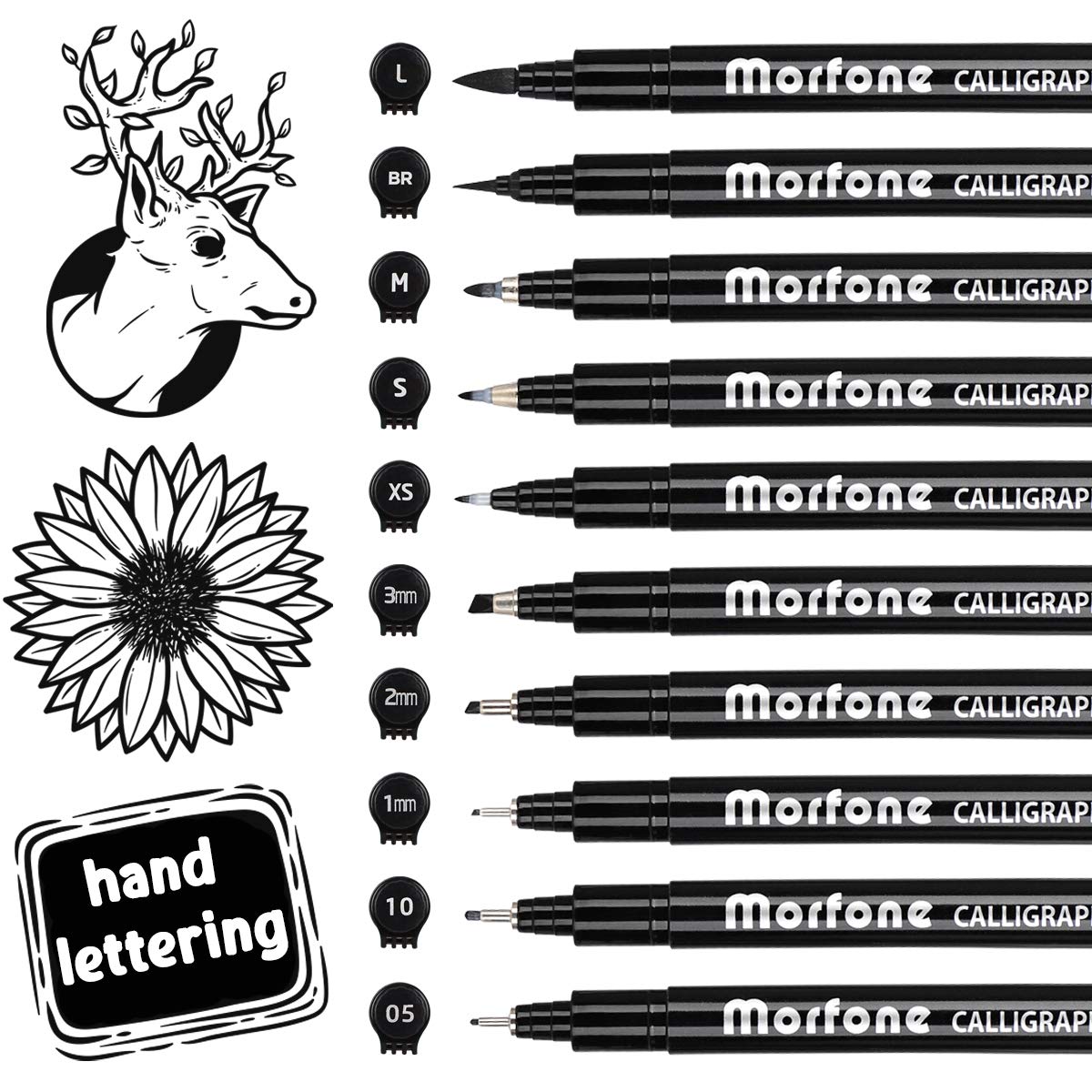 Morfone 10 Size Hand Lettering Pens Calligraphy Brush Pens Black Ink Markers Set Art Kit for Beginners, Hand Writing, Drawing, Sketching, Journaling, Illustrations