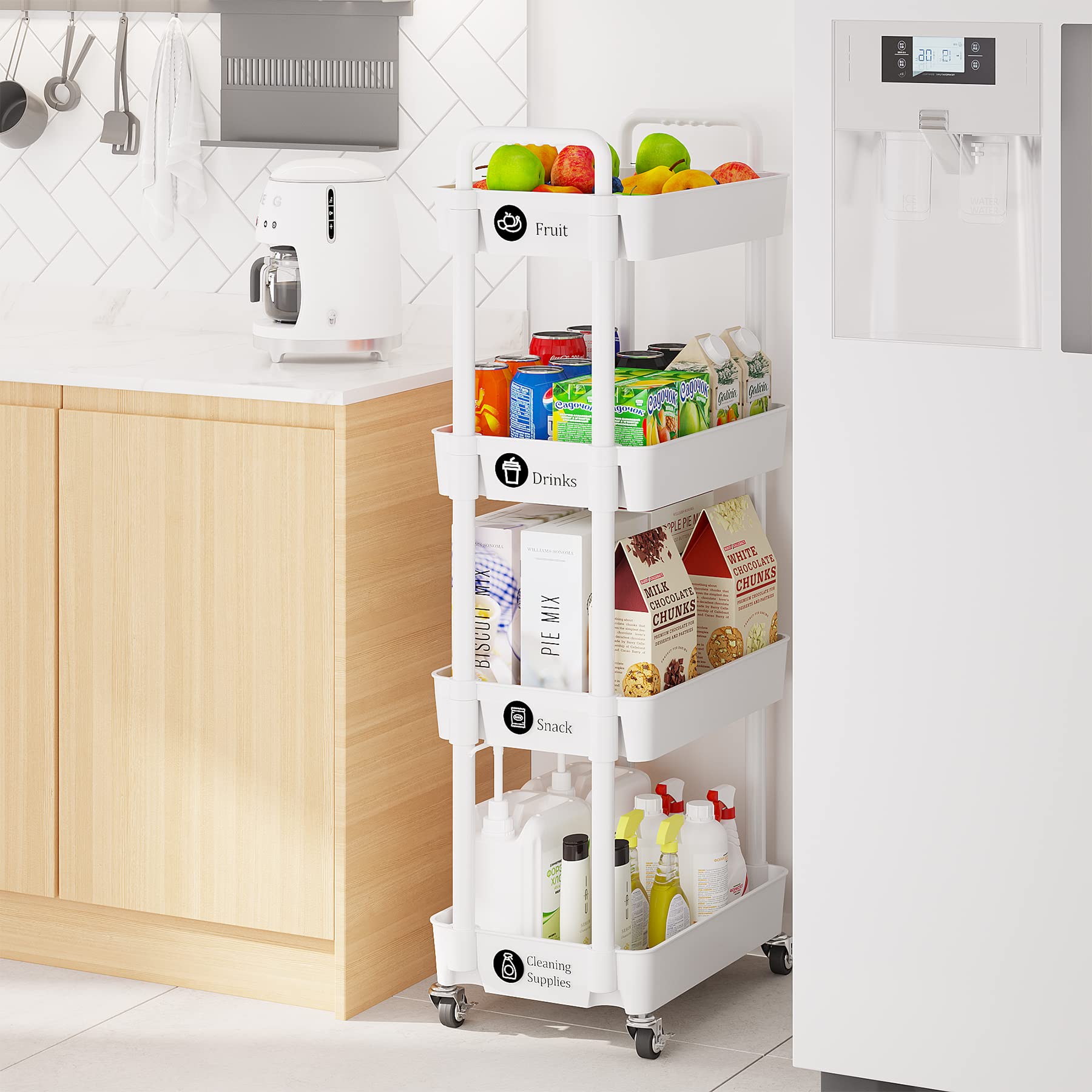 Laiensia 4-Tier Storage Cart,Multifunction Utility Rolling Cart Kitchen Storage Organizer,Mobile Shelving Unit Cart with Lockable Iron Wheels for Bathroom,Laundry,Room,with Classified Stickers,White
