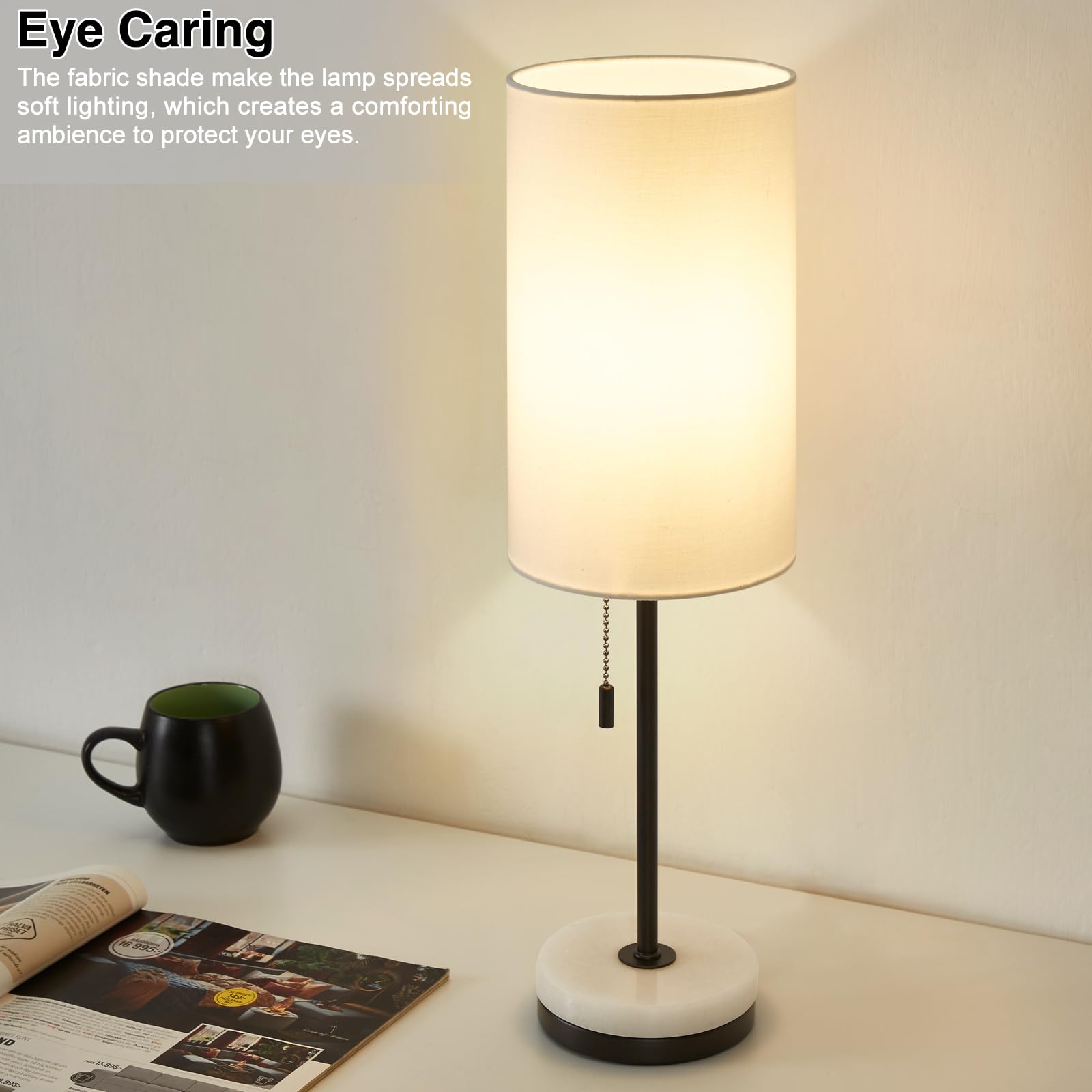 Luvkczc Minimalist Table Lamp Set of 2, Nightstand Lamp for Bedroom Living Room, Modern Pull Chain Bedside Lamp with Marble Base, Fabric Shade, Small Desk Lamp for Home, Office, Reading