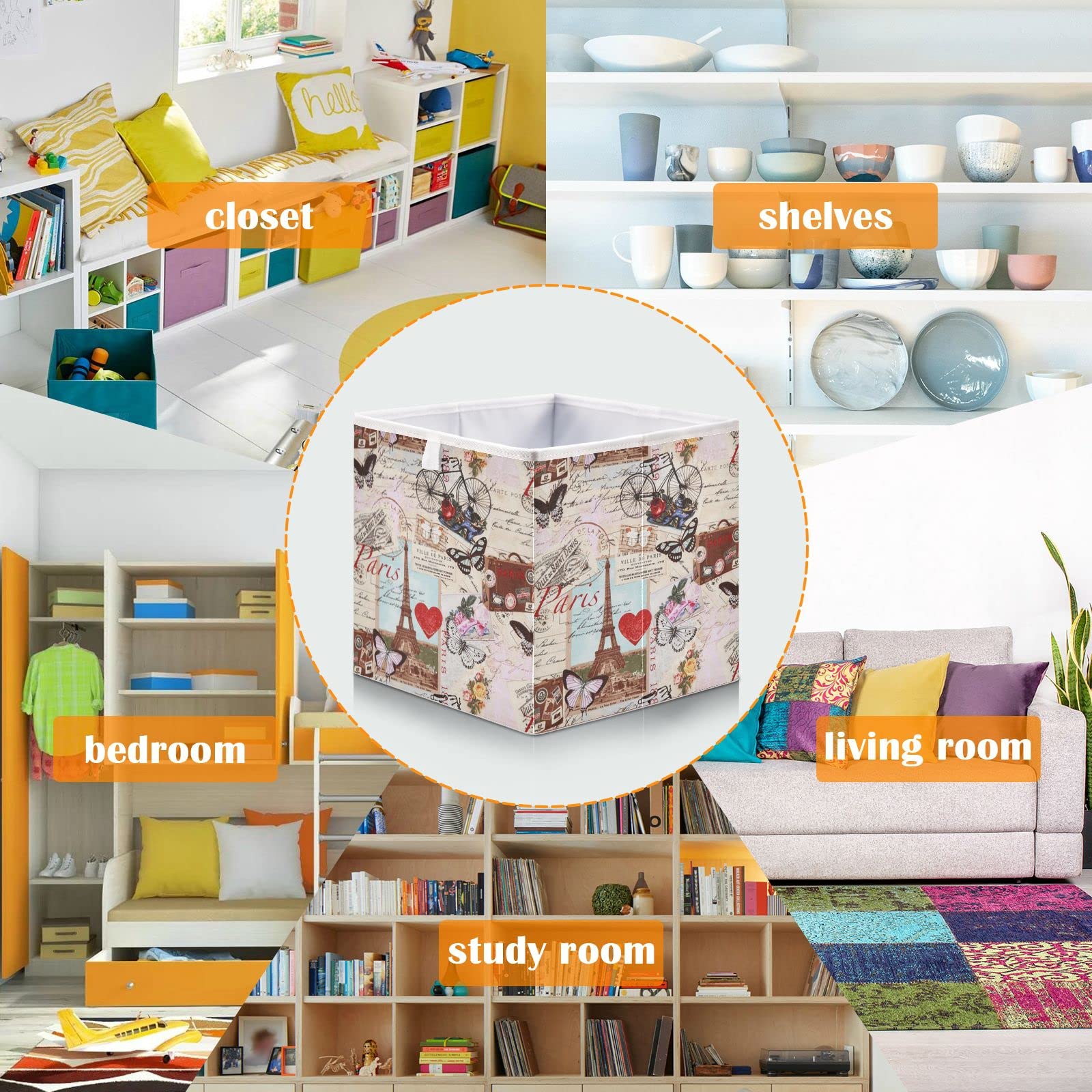 visesunny Closet Baskets Eiffel Tower Storage Bins Fabric Baskets for Organizing Shelves Foldable Storage Cube Bins for Clothes, Toys, Baby Toiletry, Office Supply