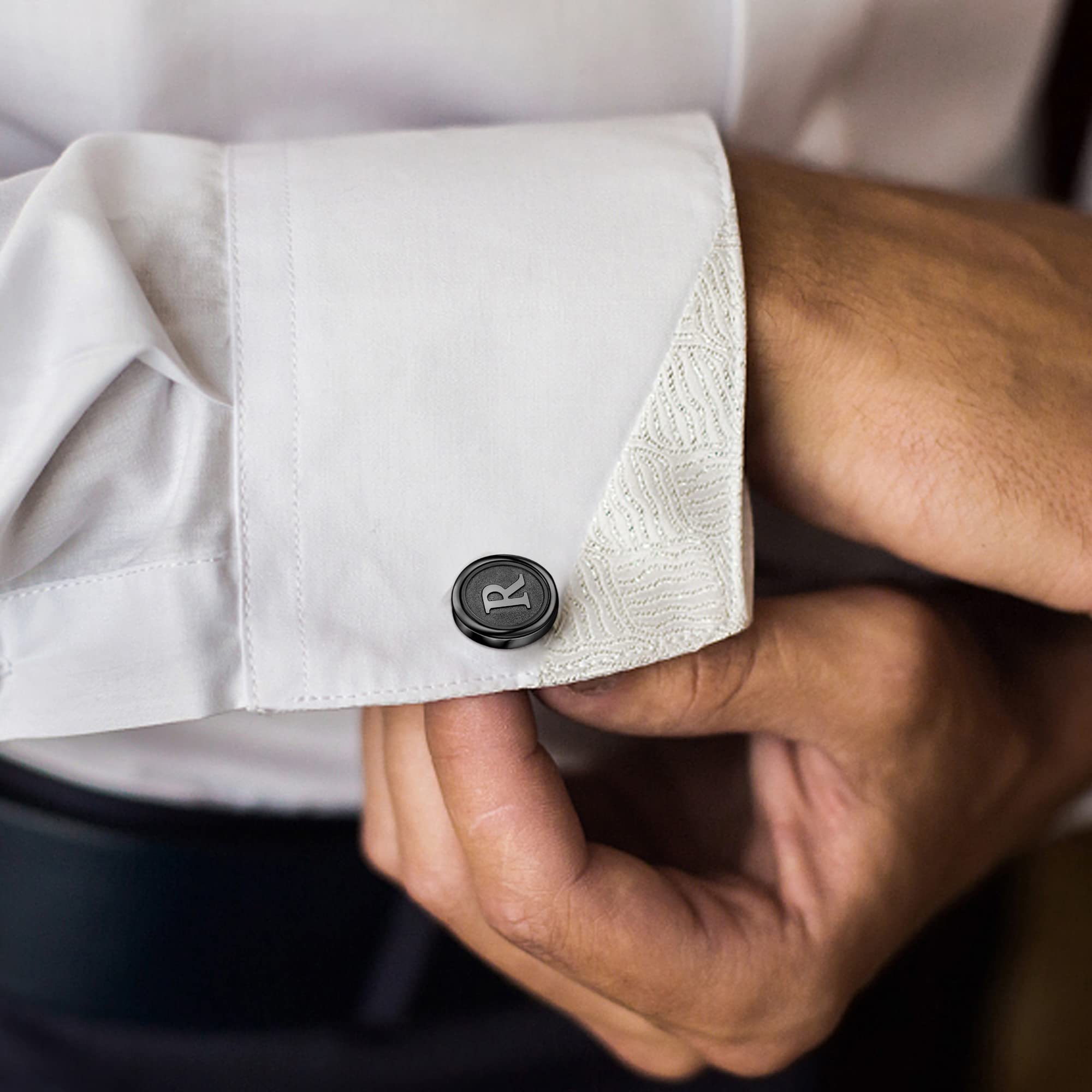 ORAZIO Cufflinks For Men Engraved Initials Cufflinks Silver Black Set Stainless Steel Tuxedo Shirt Cuff Links Letter Alphabet A-Z Gift With Box For Wedding,Dad,Groom,Groommen,Husband(R)