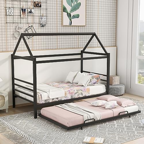 Lifeand Twin Size Metal House Shape Platform Bed with Trundle,Black