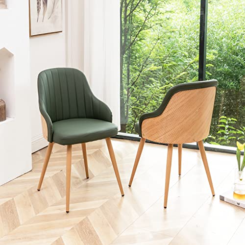 YOUUGIOR Modern Dining Room Chairs, Mid Century Leather Upholstered Accent Arm Chairs,Leisure Side Chairs with Metal Legs and Bamboo Back for Kitchen Room,Dining Room,Set of 2,Green.