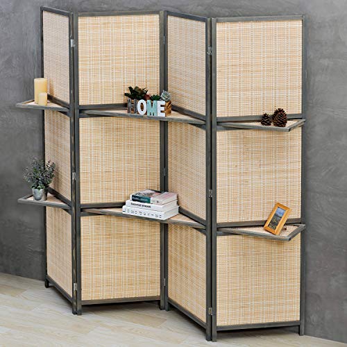 MyGift 4-Panel Deluxe Woven Bamboo Dark Gray Room Divider with Removable Storage Shelves, Living Room Bedroom Portable Partition Screen