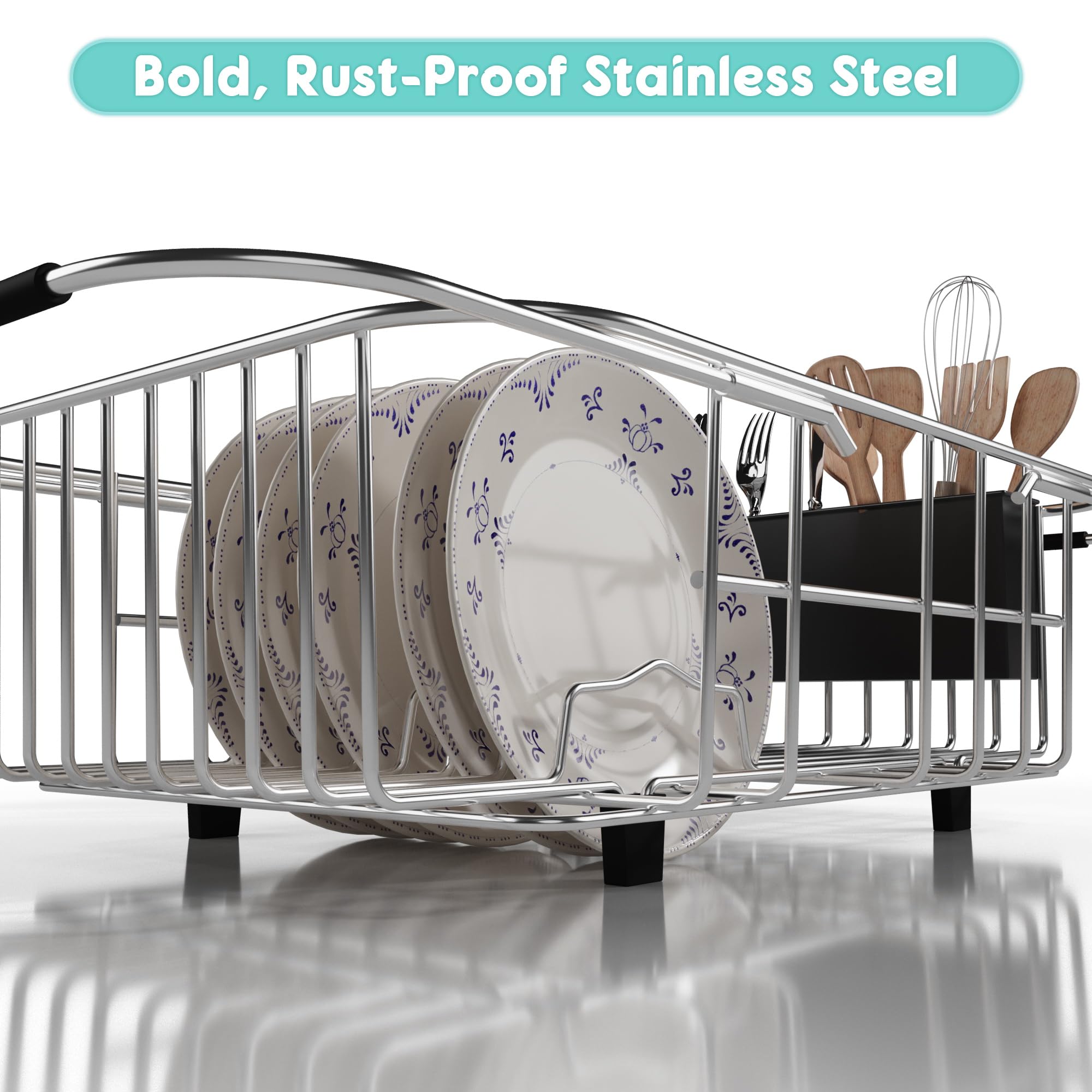 jkxoo Expandable Dish Drying Rack, Adjustable Over The Sink Dish Drying Rack with Black Utensil Storage Holder, 304 Stainless Steel Dish Racks for Kitchen Counter in Sink or On Counter