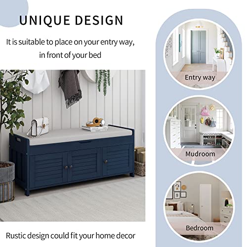 Lifeand, Shoe Removable Cushion and Hidden Space Storage Bench with 3 Shutter-Shaped Doors, 1, Antique Navy
