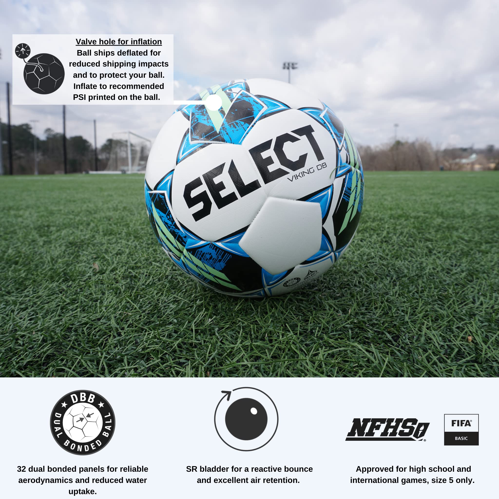 SELECT Viking DB Soccer Ball, 6-Ball Pack with Duffle Ball Bag and Hand Pump, White/Blue/Green V22, Size 5