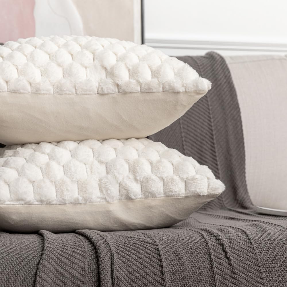 Komollocoe Faux Fur Decorative Throw Pillow Covers for Couch Boho Farmhouse Soft Fluffy Pillow Covers 18x18 Pack of 2 (18x18 Inch (Pack of 2), Cream White)