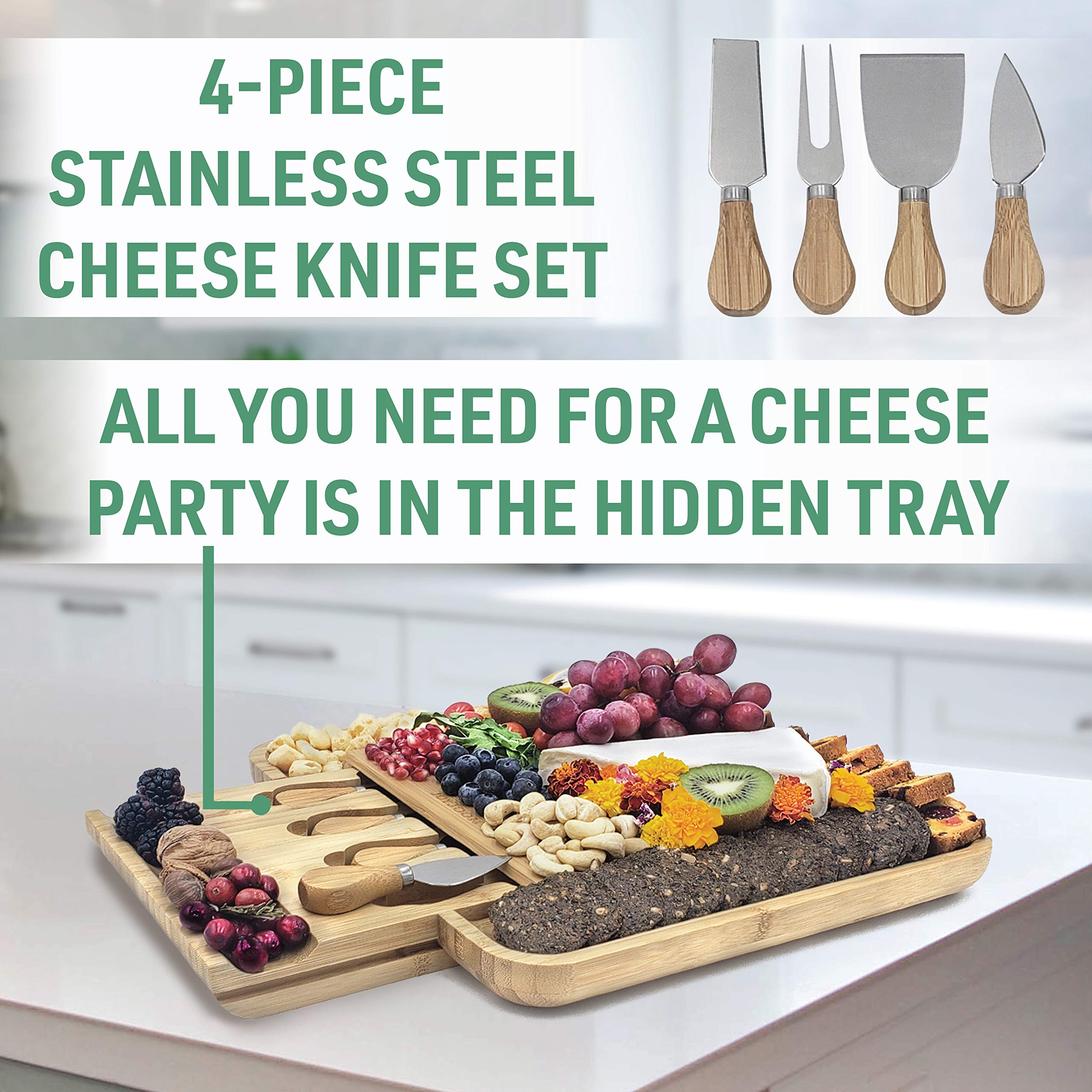 Premium Cheese Board and Knife Set - Bamboo Wood Charcuterie Board Set & Cheese Board Accessories Set - Kitchen Wine & Meat Cheese Serving Platter - Unique Christmas Gifts, Housewarming, Wedding Gift