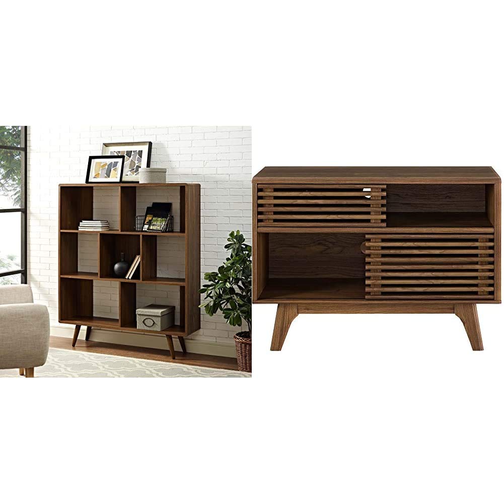 Modway Transmit Mid-Century Offset Cube Wood Bookcase in Walnut & Render Mid-Century Modern Two-Tier Display Stand in Walnut