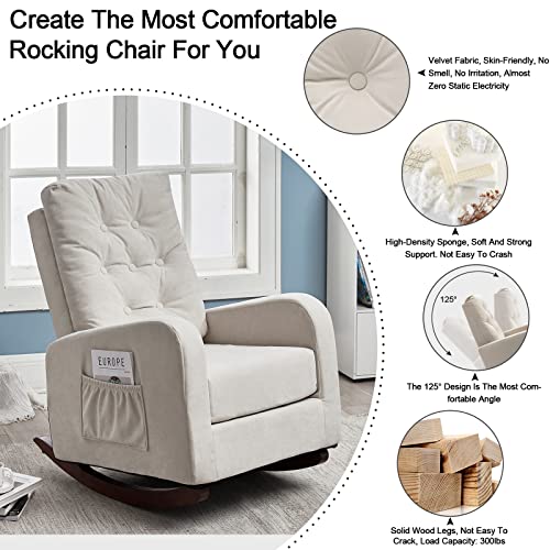 Ucloveria Chair Mid-Century Modern Nursery Rocking Armchair Upholstered Tall Back Accent Glider Rocker for Living Room, Beige