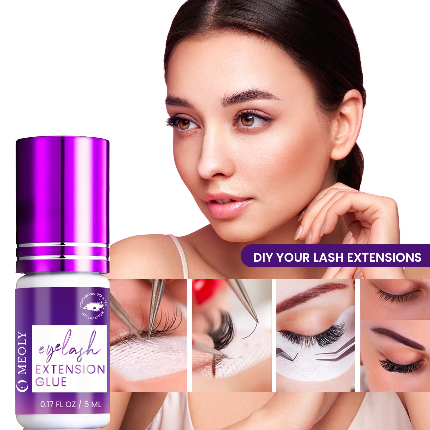 MEOLY Strong Hold Lash Extension Glue for Sensitive Eyes, No Fume 6-7 Weeks Retention Eyelash Glue for Lash Extensions, Extra Strong Professional & Individual Lash Glue Black
