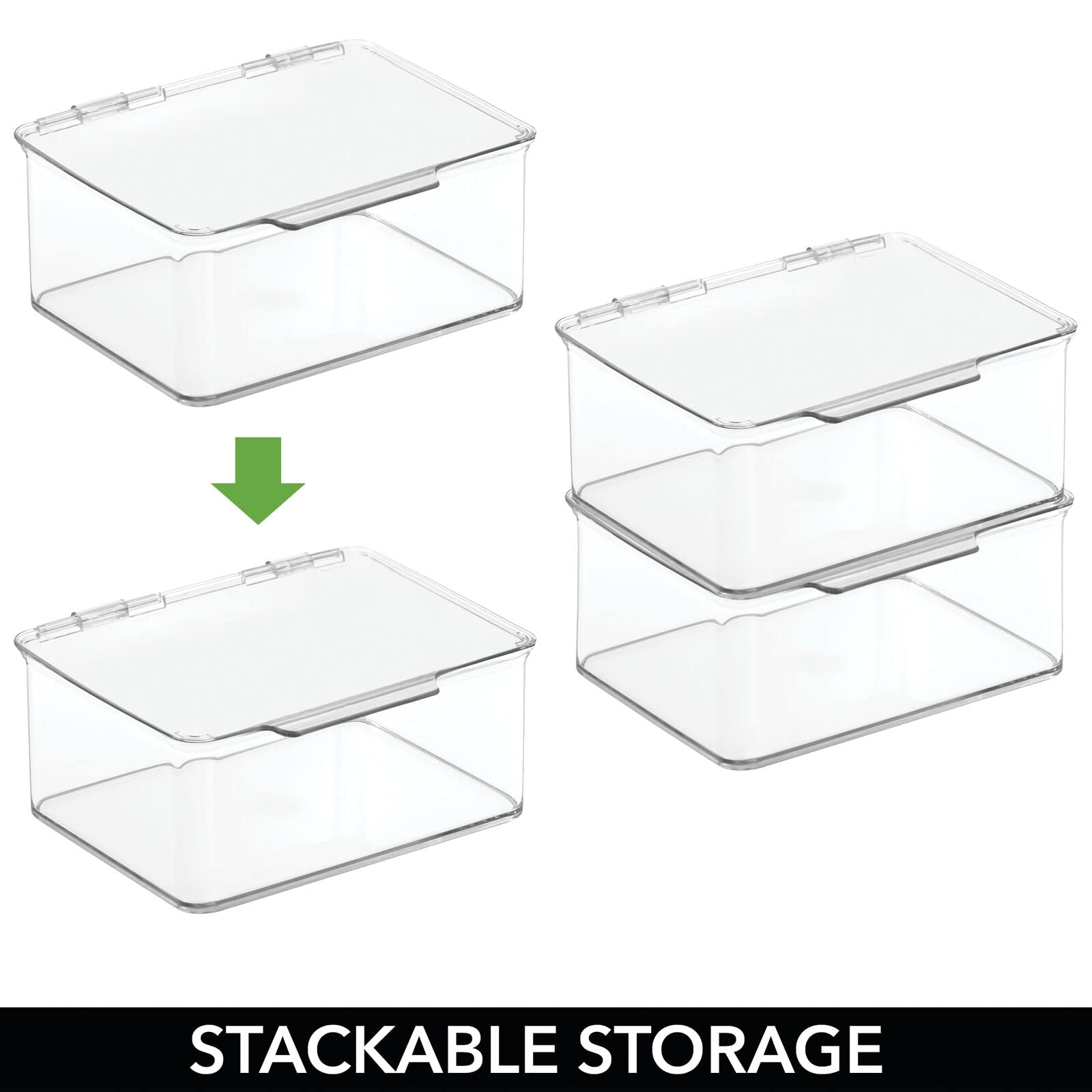 mDesign Plastic Stackable Storage Organizer Toy Box with Lid for Action Figures, Crayons, Markers, Building Blocks, Puzzles, Craft or School Supplies - Pack of 4, Includes 32 Labels - Clear