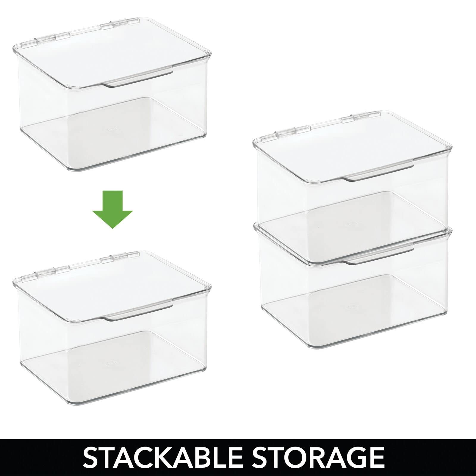 mDesign Plastic Stackable Storage Organizer Toy Box with Hinged Lid for Action Figures, Crayons, Markers, Building Blocks, Puzzles, Craft or School Supplies - Includes 32 Labels - Clear