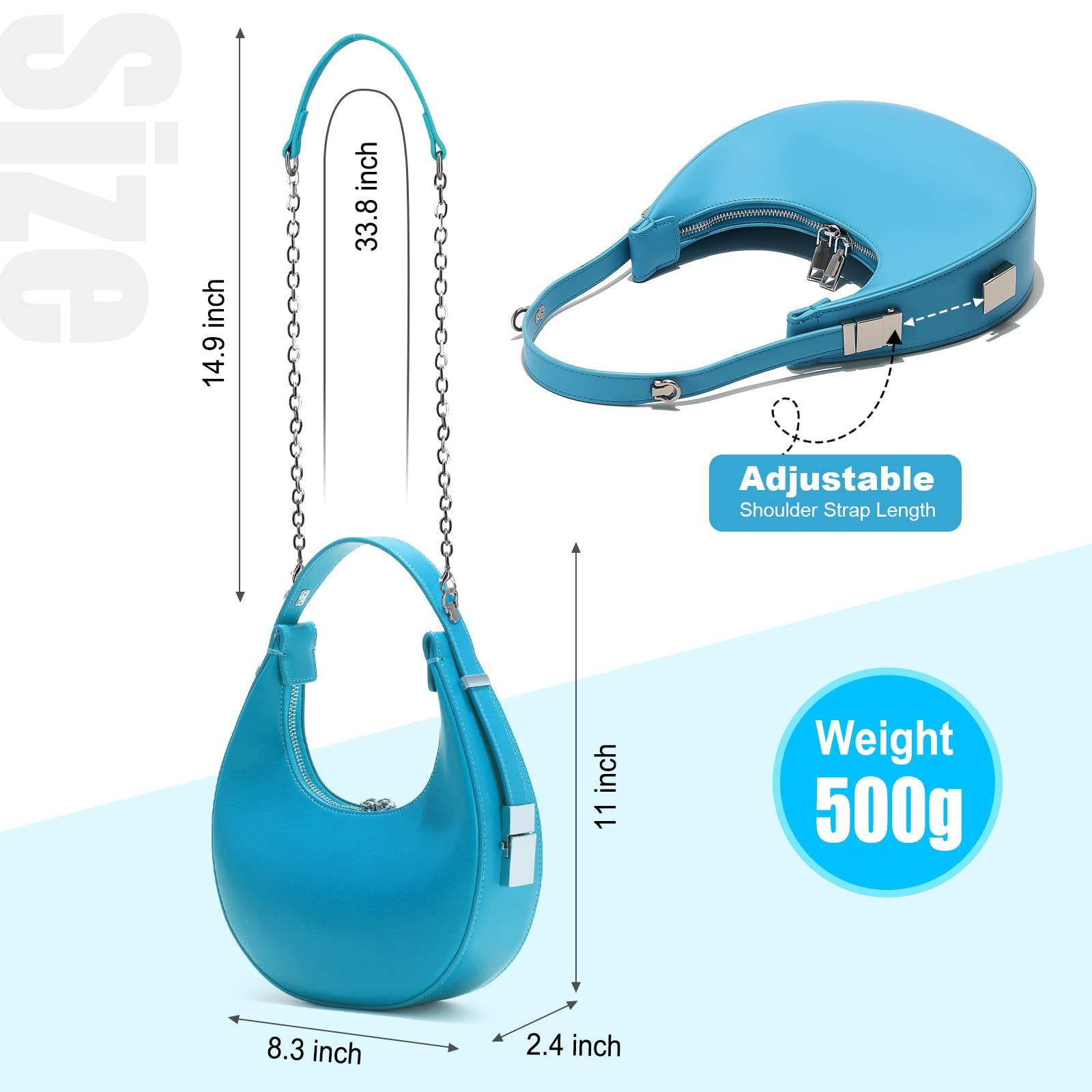 Shoulder Bags Handbag for Women, Crossbody Bag Detachable Shoulder Strap Soft PU Leather Zipper Closure - Sky Blue
