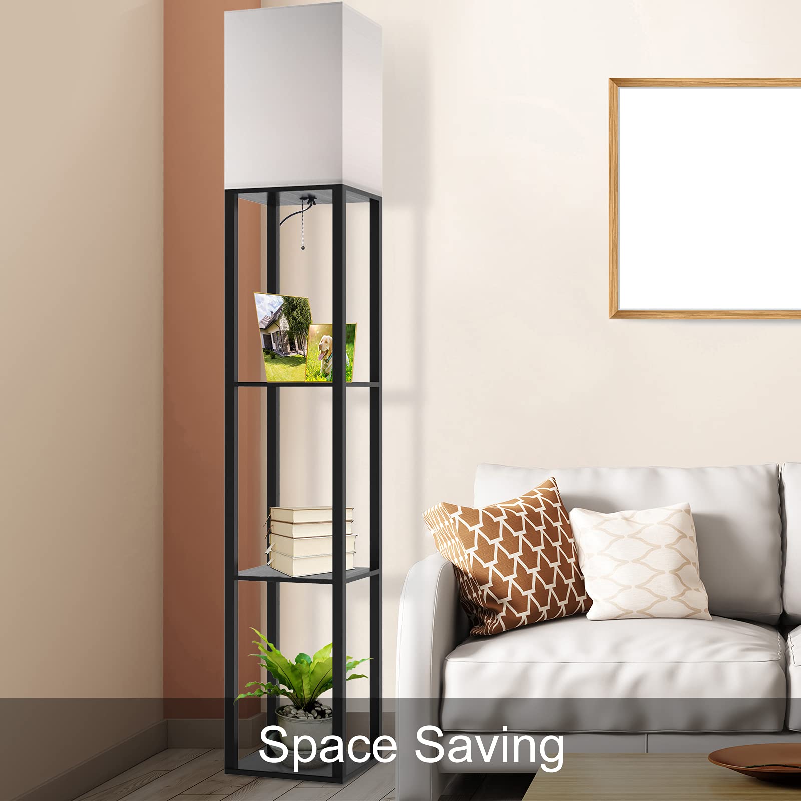 MOFFE Column Floor Lamp with Shelves, Modern Shelf Floor Lamp with 9W LED Bulb, 3 Tier Storage Display Standing Reading Lamp Narrow Corner Nightstand Light for Bedroom Living Room, Black