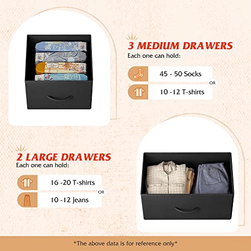 WLIVE 1-Drawer Nightstand, 5-Drawer Dresser Set, Fabric Storage Tower for Bedroom, Hallway, Nursery, Closets, Tall Chest Organizer Unit with Textured Print Fabric Bins, Steel Frame, Wood Top