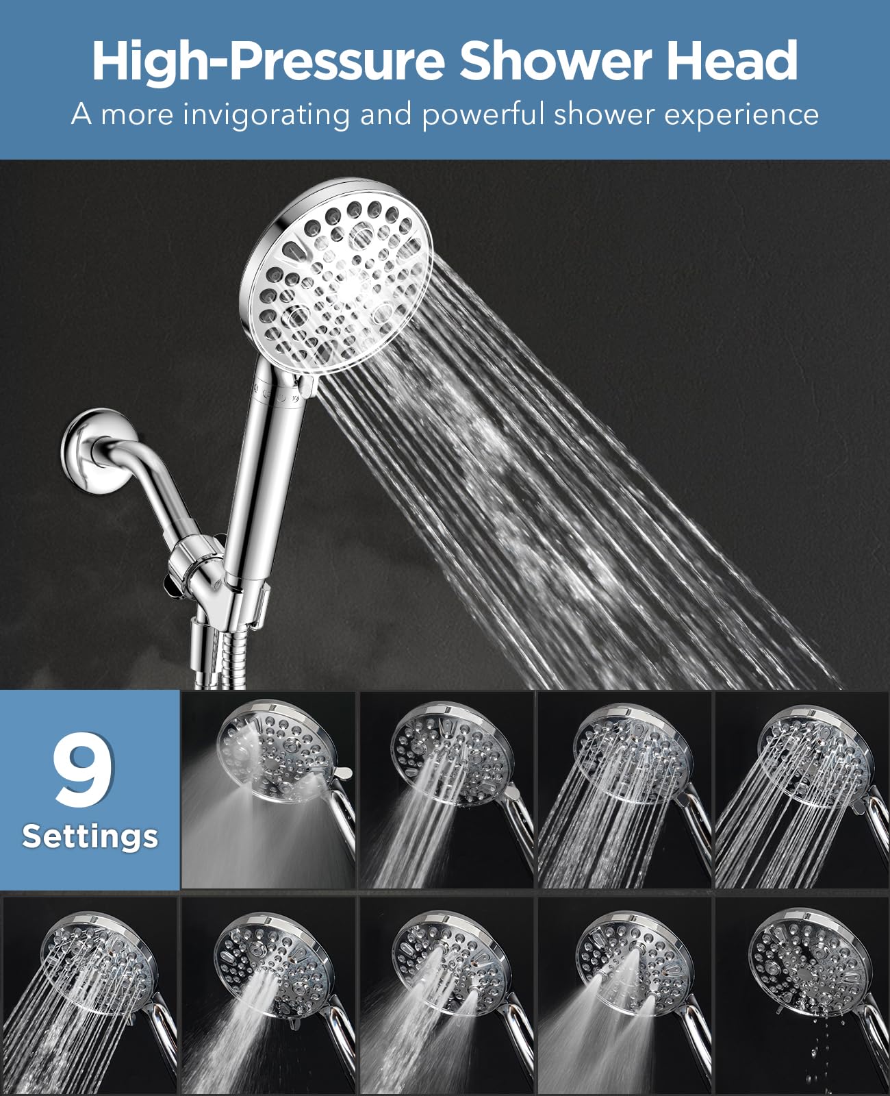 MakeFit Handheld Shower Head with Filter - High Pressure Shower Head with 10 Spray Modes, Hard Water Softener Showerhead with Hose, Bracket and Shower Filters to Remove Chlorine and Heavy Metals