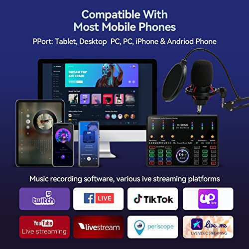 Podcast Equipment Bundle, Condenser Microphone Kit with Live Sound Card and Adjustable Mic Stand for Studio Recording Vocals, Voice Overs, Streaming Broadcast and YouTube Videos