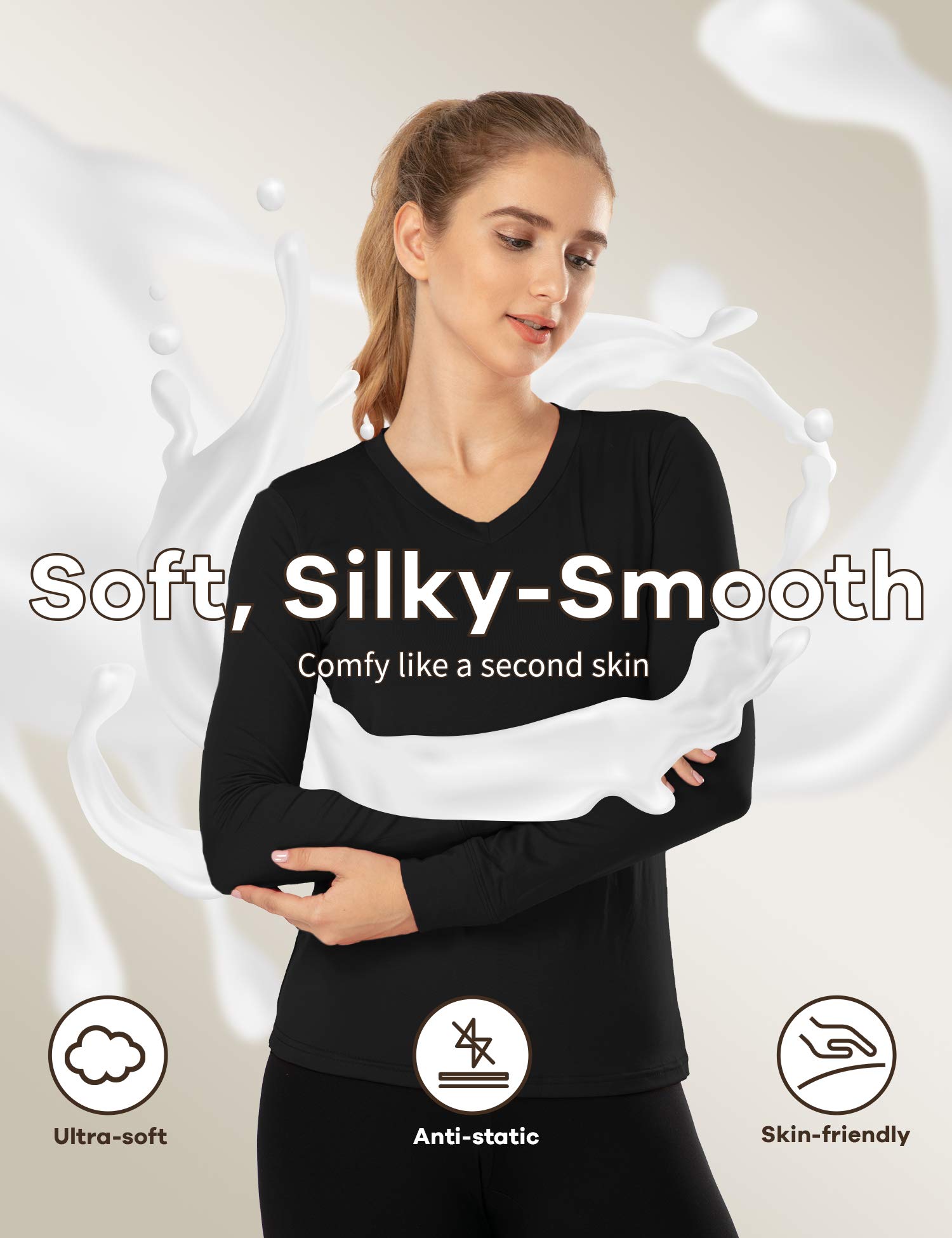 MANCYFIT Womens Thermal Underwear Long Johns Set with Fleece Lined Ultra Soft V Neck Black Large