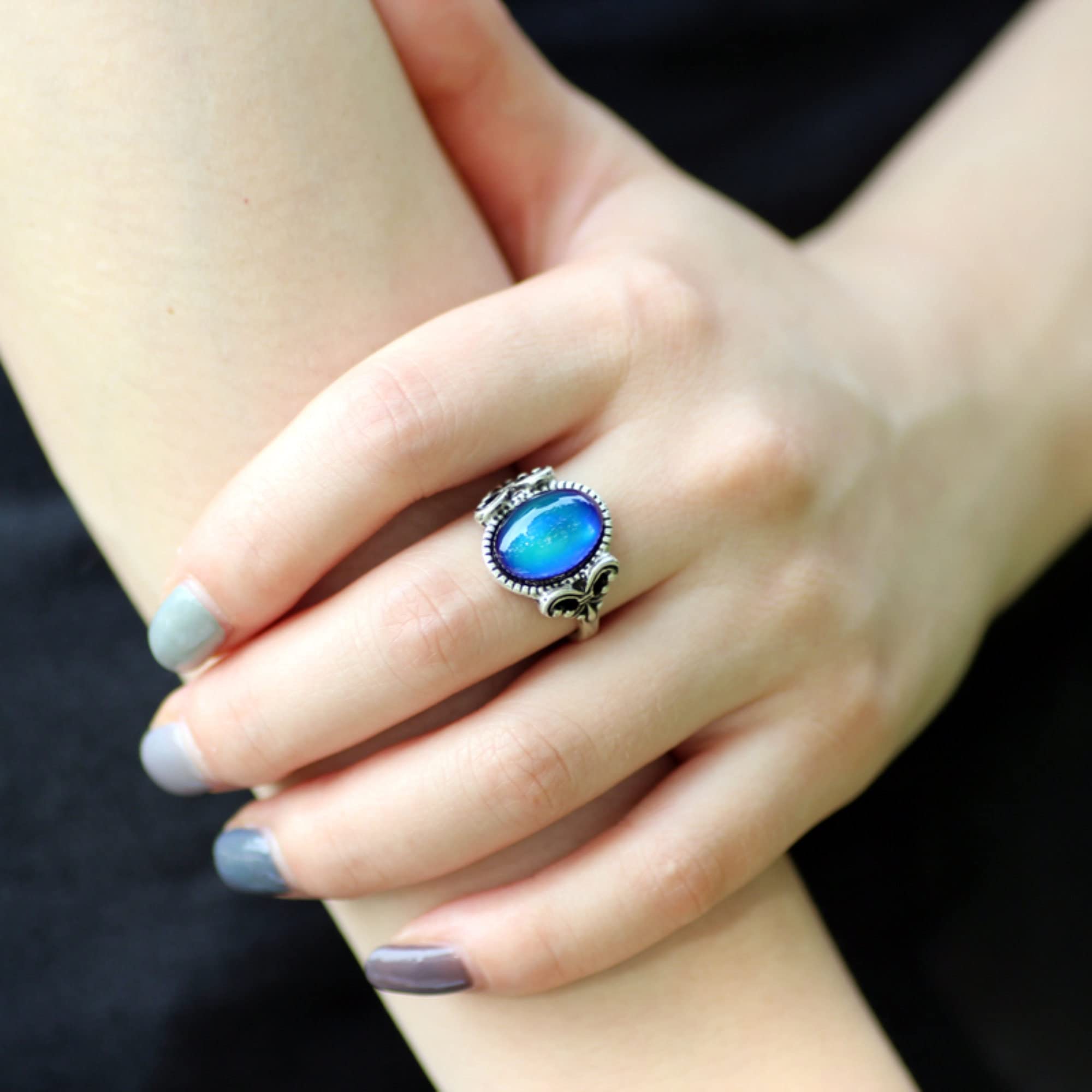 MY MOJOYAS Antique Sterling Silver Plated Mood Ring with Gothic Flower Pattern and Color-Changing Oval Stone (MJ-RSN008) (8)