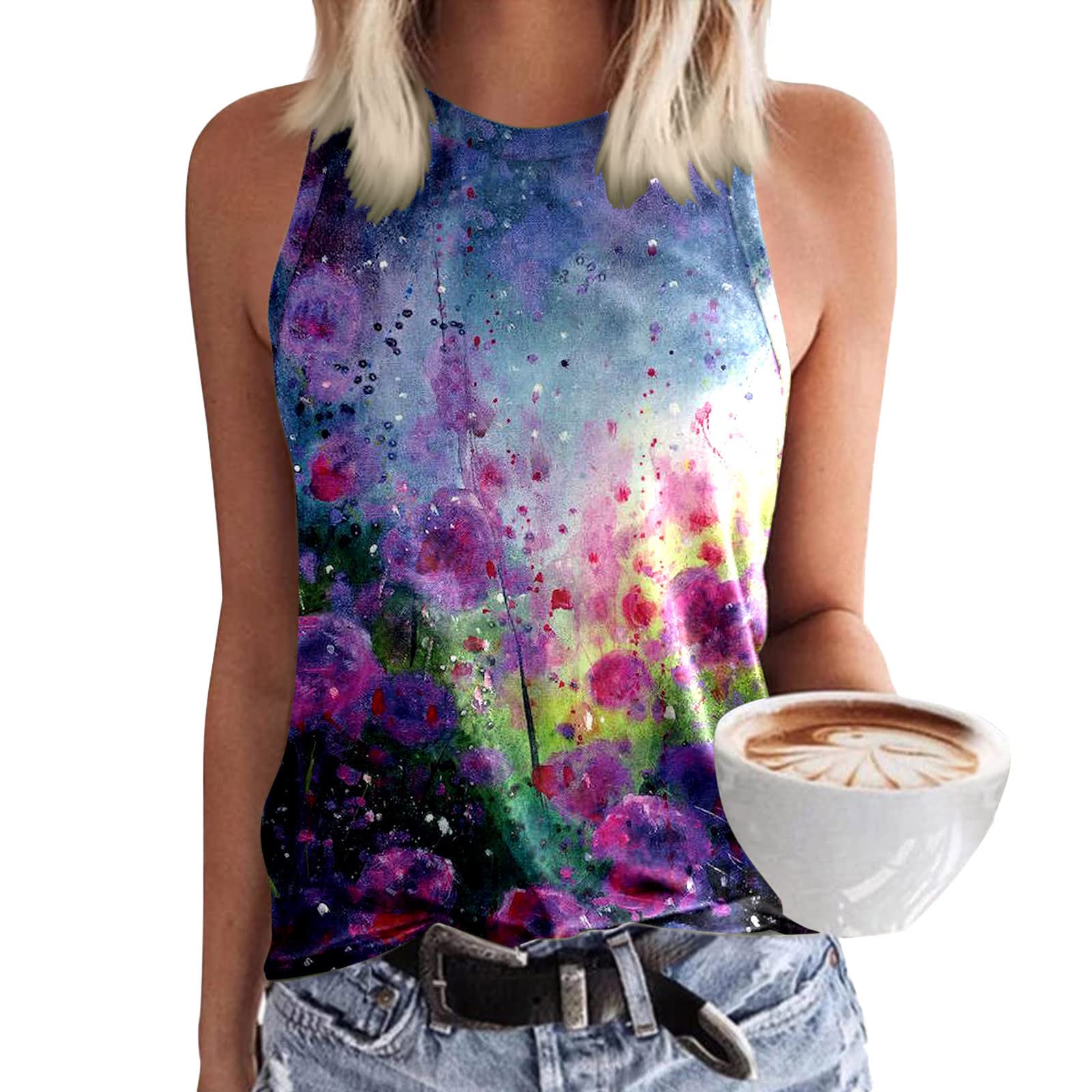 Running Tops for Women Tanks for Womens Crewneck Sleeveless Print Tank Tops Summer Casual Loose Fit Basic Shirts Beach,Comprar Devoluciones A-Purple