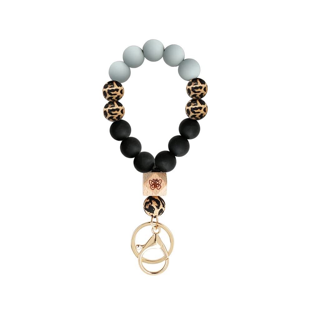 Poagoep Silicone Key Ring Bracelet Beaded keychain Wristlet Beaded Bangle Wristlet Keychain House Car Keys for Women(Leopard)