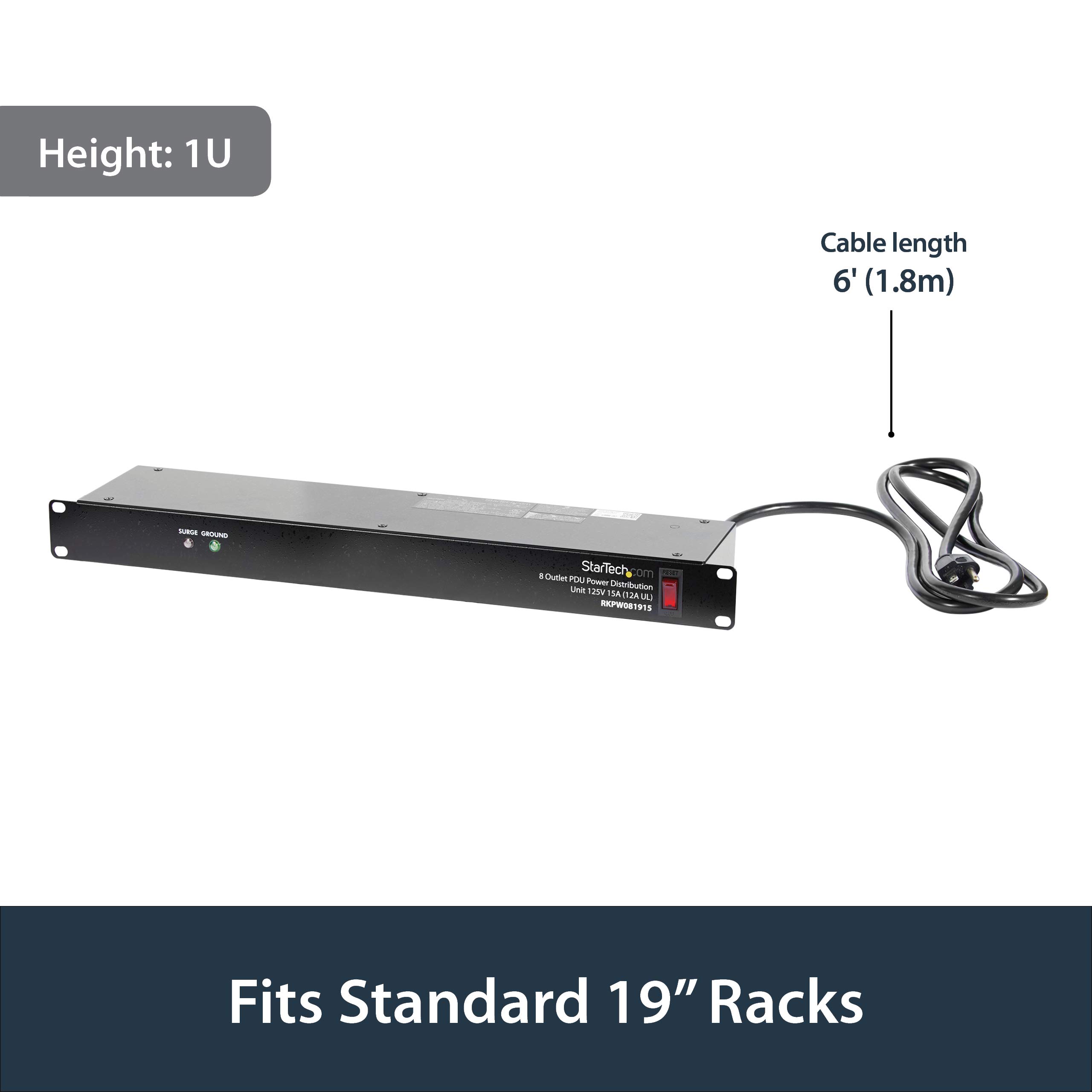StarTech.com 8 Outlet Horizontal 1U Rack Mount PDU Power Strip & 1U Server Rack Shelf - Universal Vented Rack Mount Cantilever Tray, Black & 2U Server Rack Shelf - Universal Vented Rack