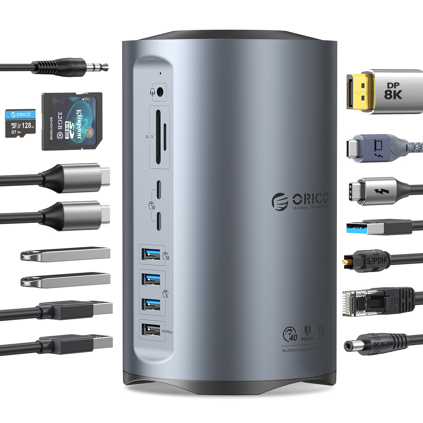 ORICO Thunderbolt 3 Dock, 15-in-1 Thunderbolt Docking Station 4K Dual Display for Thunderbolt 3, 60W Charging for Laptop, 15W for Phones, 10 Gbps USB Data, Gigabit Ethernet, S/PDIF Out, SD/TF(Gold)