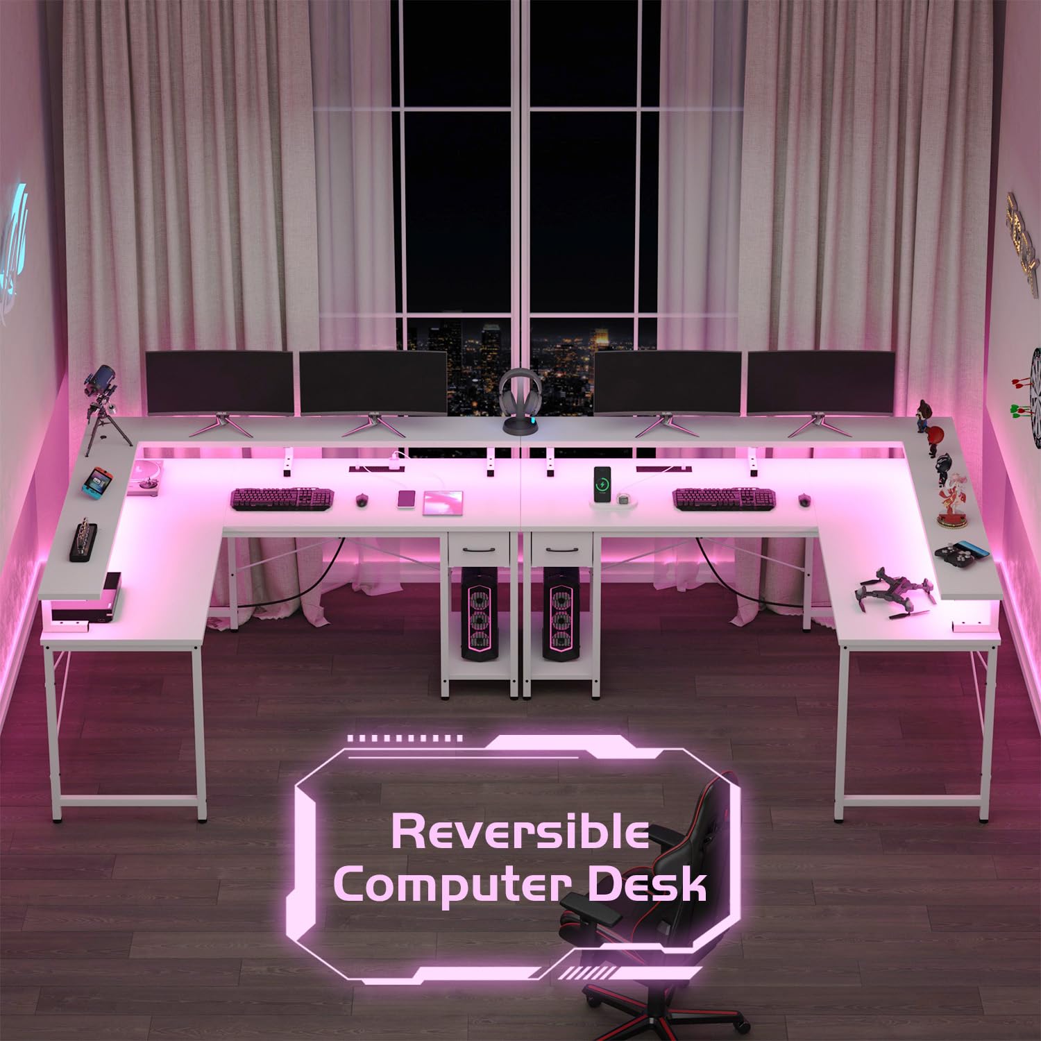 L Shaped Computer Desk with LED Lights & Power Outlets, Reversible Gaming Desk with Monitor Stand, Sturdy L Shaped Desk with Drawers Home Office Corner Desk with CPU Stand, Easy Assembly, White
