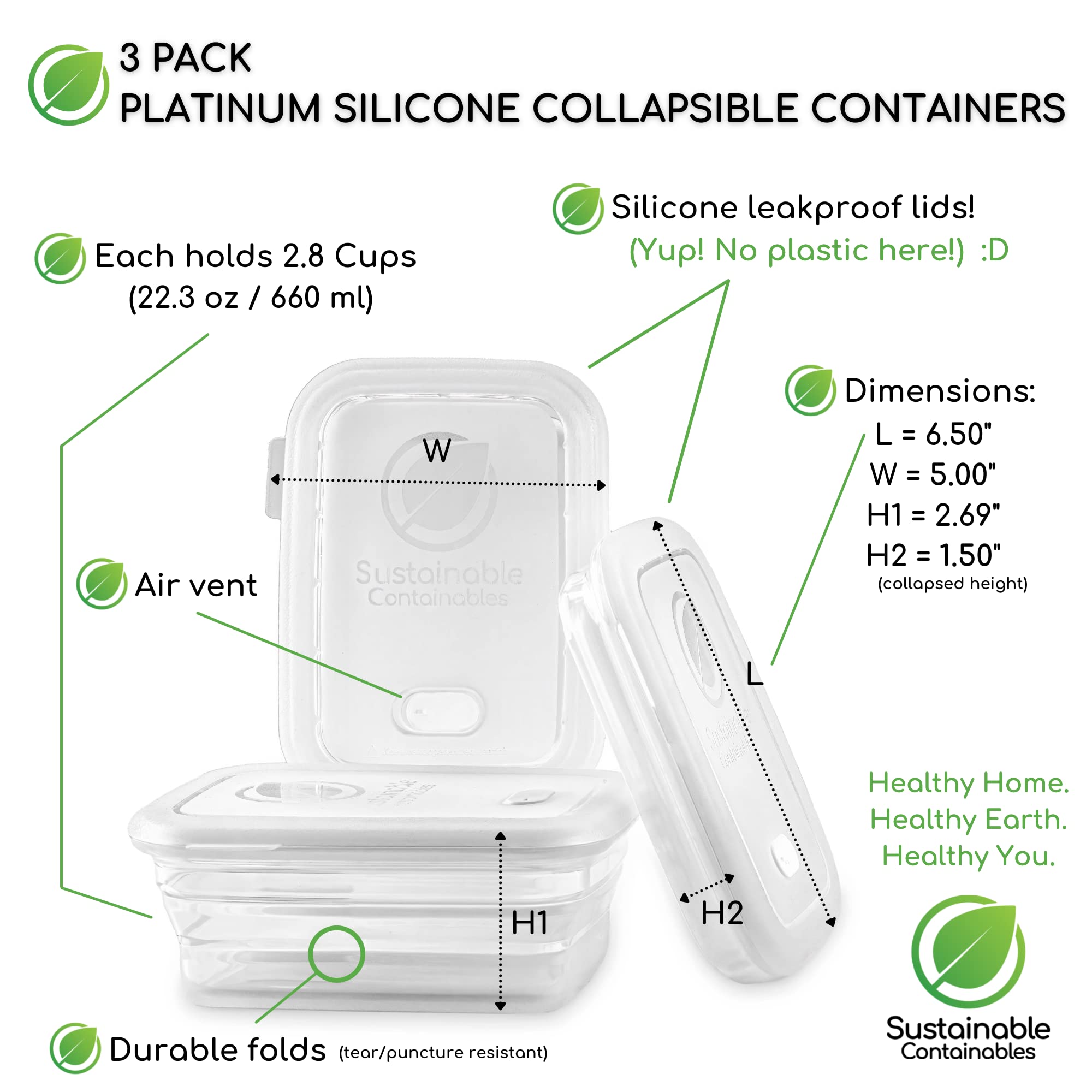 Premium Silicone Collapsible Food Storage Containers with Silicone Leakproof Lids, BPA Free, LFGB Food-Grade Certified, Compact, Reusable Lunch Snack Box, Microwave Safe, 2.8 Cups 3 Pk
