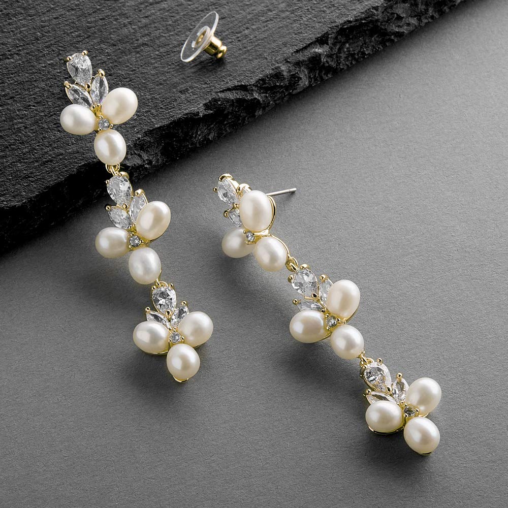 Mariell Freshwater Pearl Gold Dangle Bridal and Wedding Earring with Cubic Zirconia Crystal, Prom Jewelry