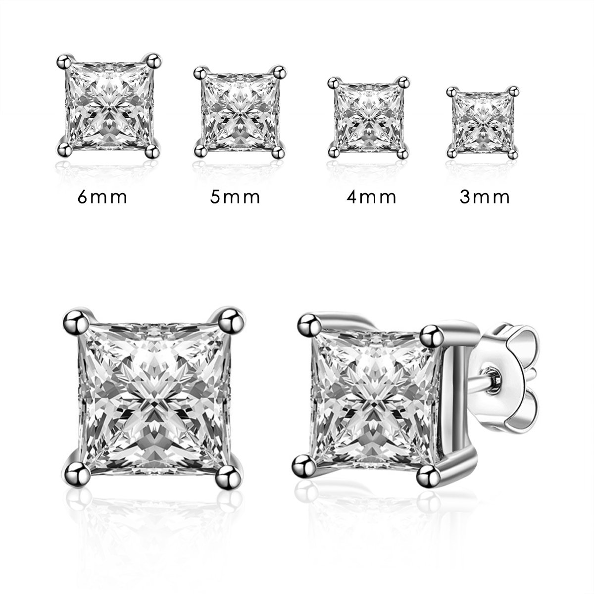 LIEBLICH Princess Cut Cubic Zirconia Stud Earrings Stainless Steel Square Earrings Set 4 Pairs 3mm-6mm (Silver)