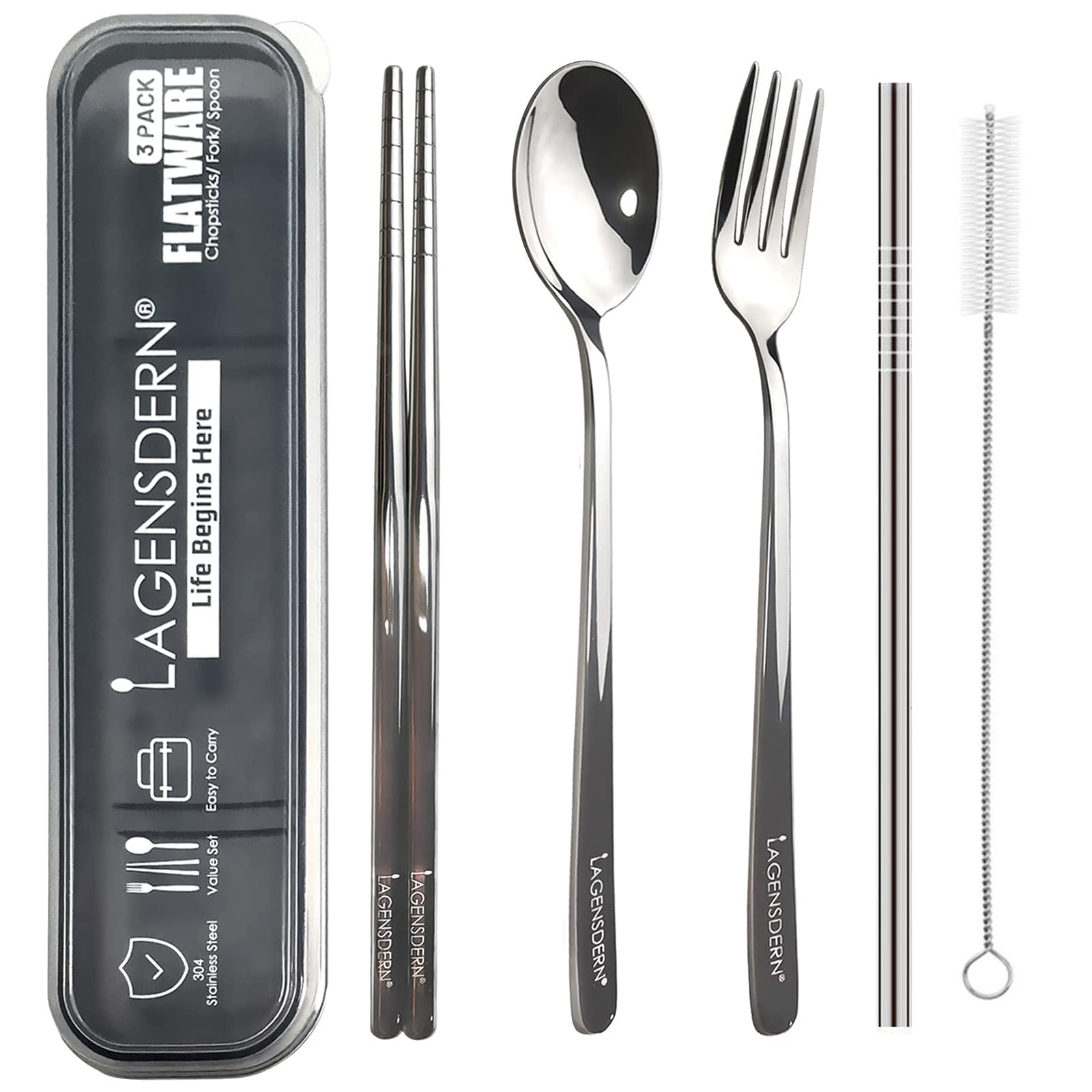 Premium Travel Utensils Set, Stainless Steel Cutlery Set, Reusable Flatware, Chopsticks Fork Spoon Silverware Set, Pocket Utensils for Picnic, Camping and Travel,Straws and Cleaning Brush