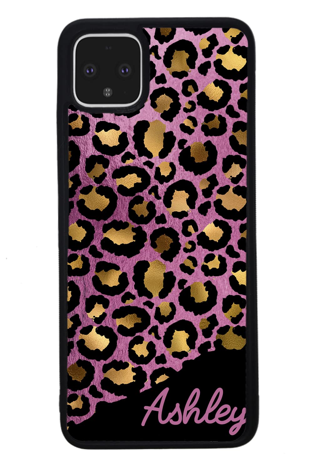 Leopard Skin Pink Gold Foil Personalized Black Rubber Phone Case Compatible With Google Pixel 8 Pro, 8a, 8, 7a, 7, Pixel 7 Pro, 6a, 6 Pro, 6, 5, 4a 5G, 4a 4G, 4, 4 XL, 3a, 3a XL, 3, 3 XL, 2 XL, 2