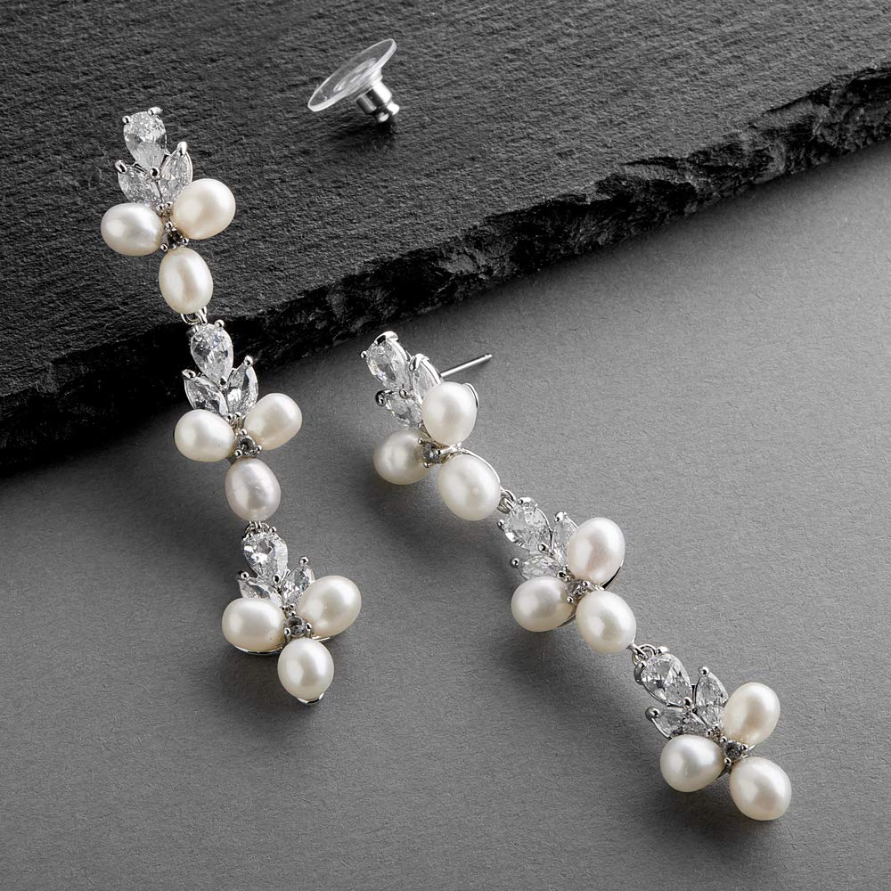 Mariell Freshwater Pearl Dangle Bridal and Wedding Earring with Cubic Zirconia Crystal, Prom Jewelry Gift