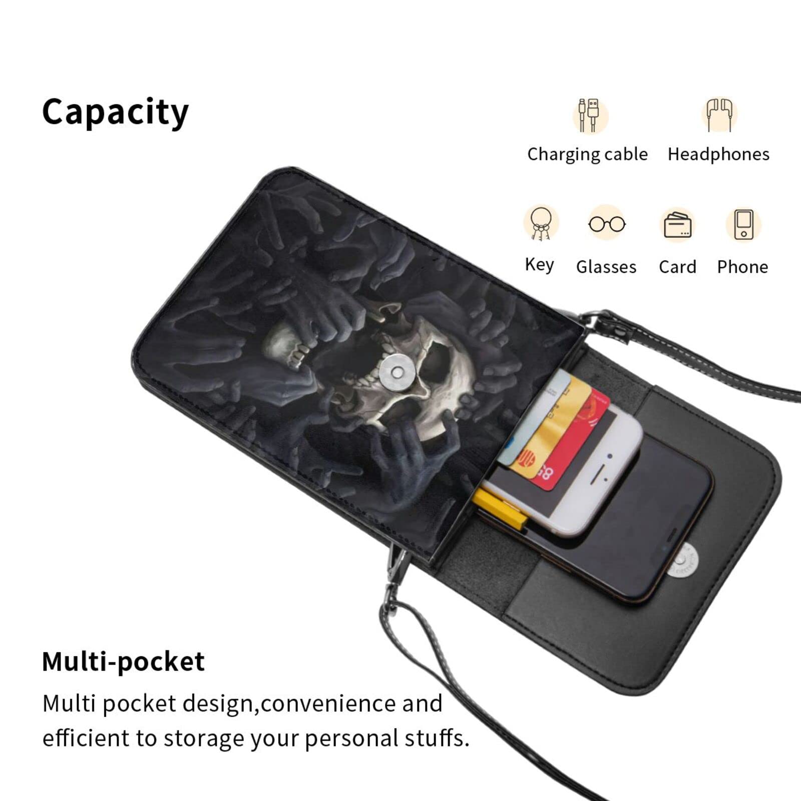 SKETVNHR Abstract Terror Hand Dark Skull Pattern Small Crossbody Cell Phone Purse for Women Soft Leather Fashion Travel Wallet with Adjustable Strap