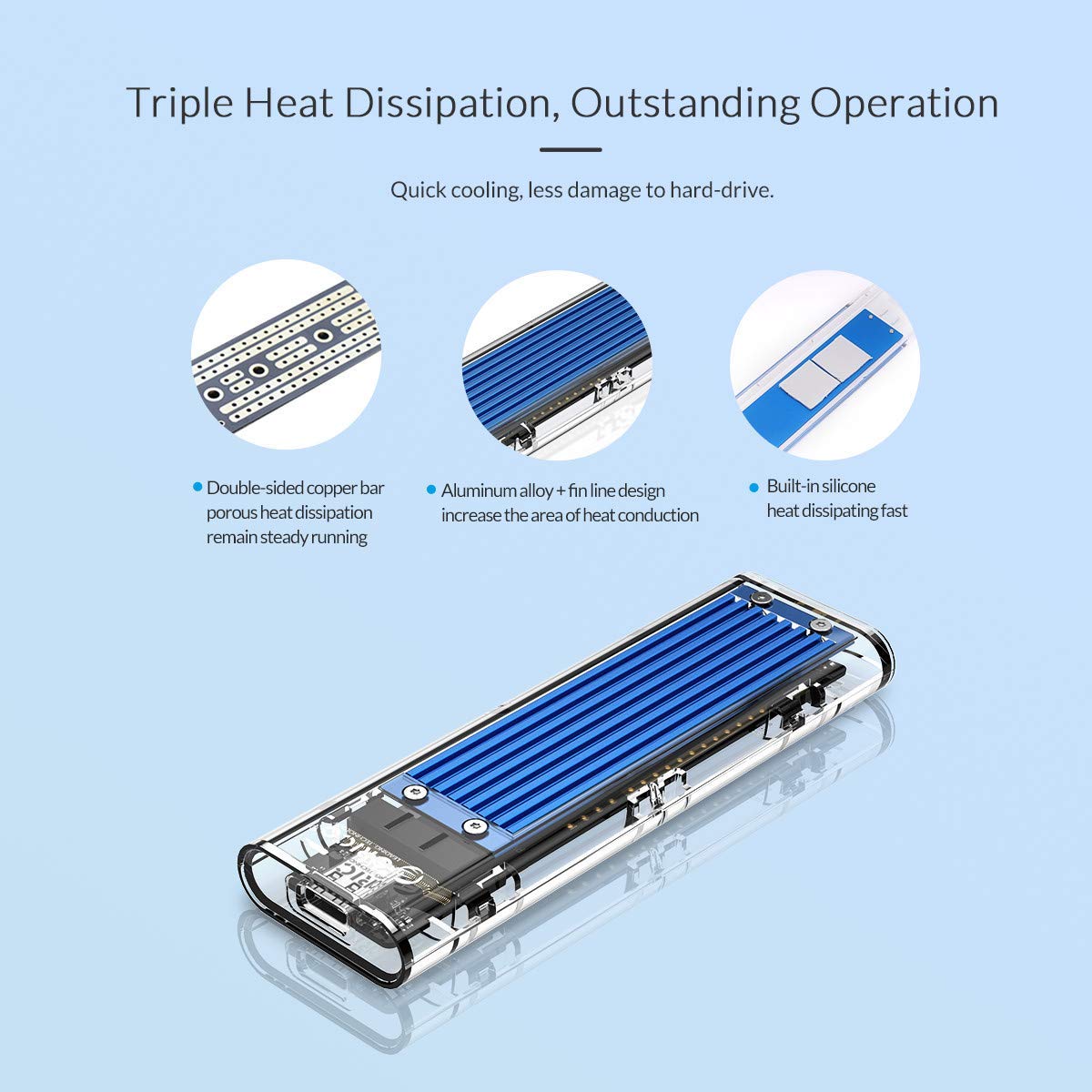 ORICO USB 3.1 Gen2 10Gbps USB-C NVME M.2 SSD Case (M Key) Transparent External Case Support 2230/2242/2260/2280 SSD Compatible M.2 SSD Conversion Adapter Enclosure Case TCM2-C3- Blue