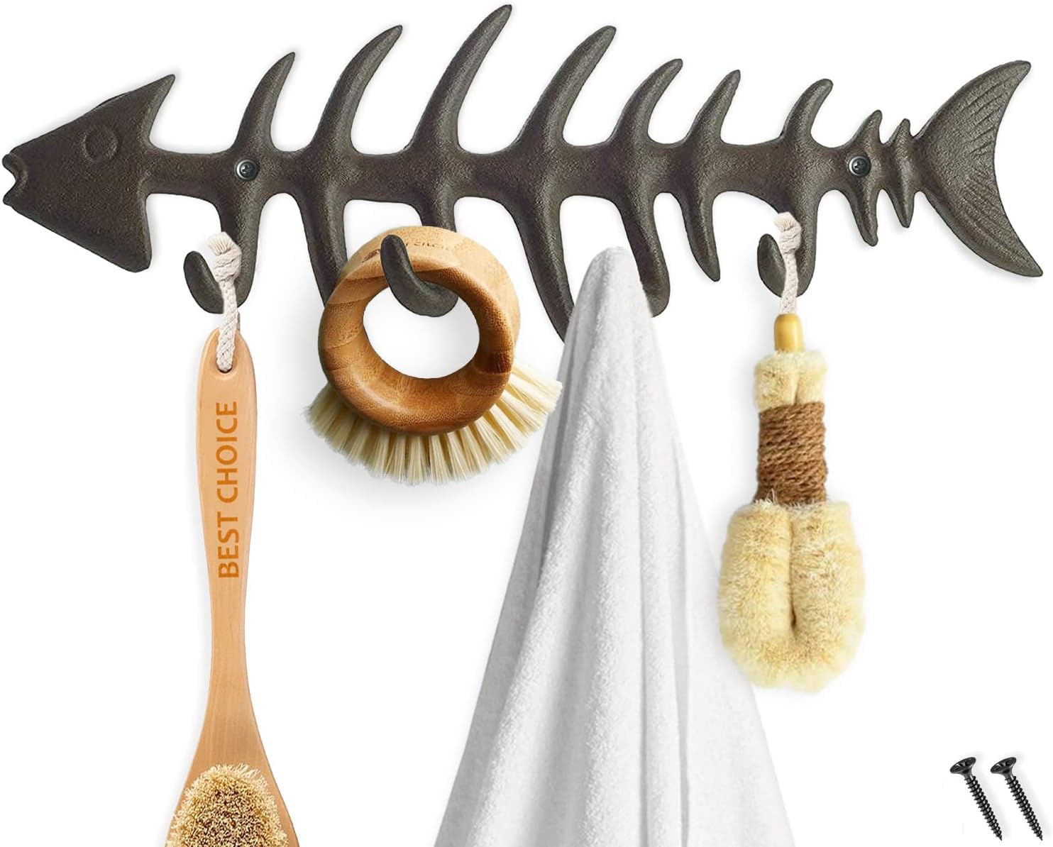 Wusdayer Fish Bones Rack Wall Mounted,Fish Decor Outdoor Towel Hooks,4 Hooks European Style Towel Metal Hand Towel Holder for Home Kitchen (Large)