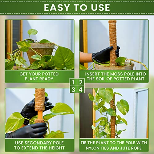 Moss Pole for Plants Monstera - 51.1” Stackable Plant Poles for Potted Plants Indoor and Outdoor (4 Pcs) – 16.9” Long Natural Coir Moss Sticks with Garden Twist Ties and Jute Rope