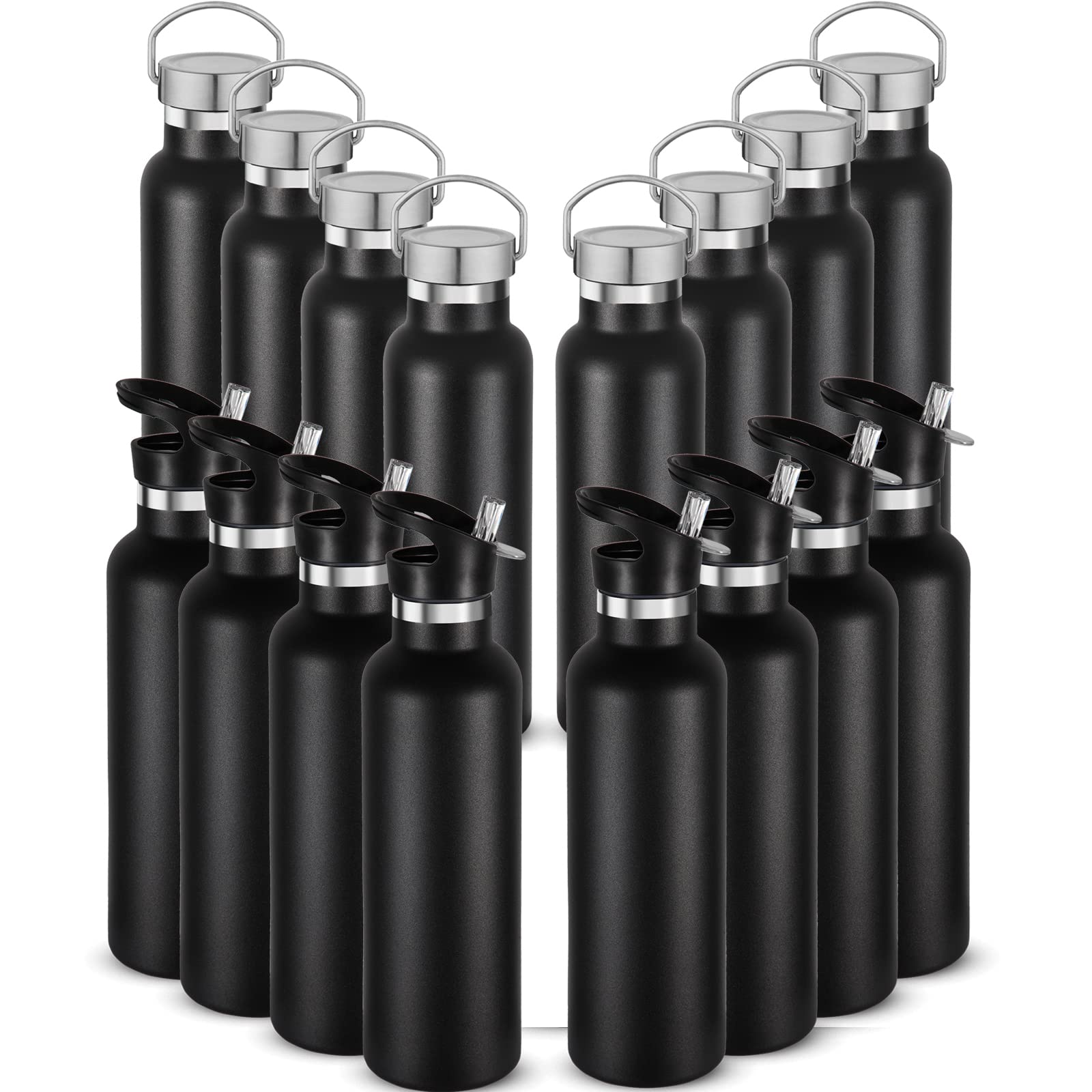 Neihepal Insulated Water Bottles Bulk 16 Pack,Stainless Steel Double Wall Sport Bottle with Lid of Handle,Metal Reusable Thermoses Flask with Cup Cap for School,Hikers,Gift (Black,Set of 16)
