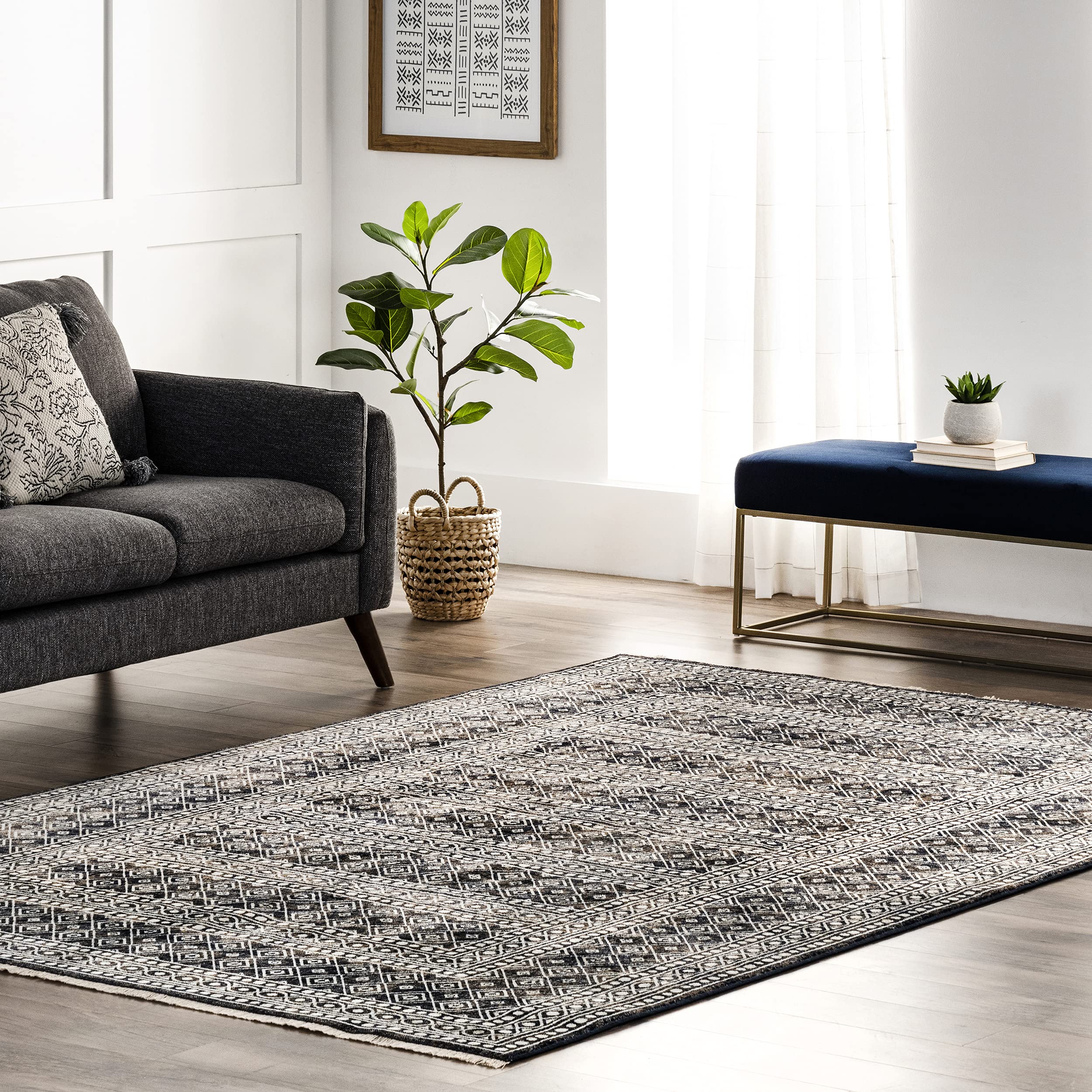 nuLOOM Fringed Performance Indoor Area Rug, Power Loomed, Easy Clean, Durable, Non-Shed, 8' x 10', Natalie Grey